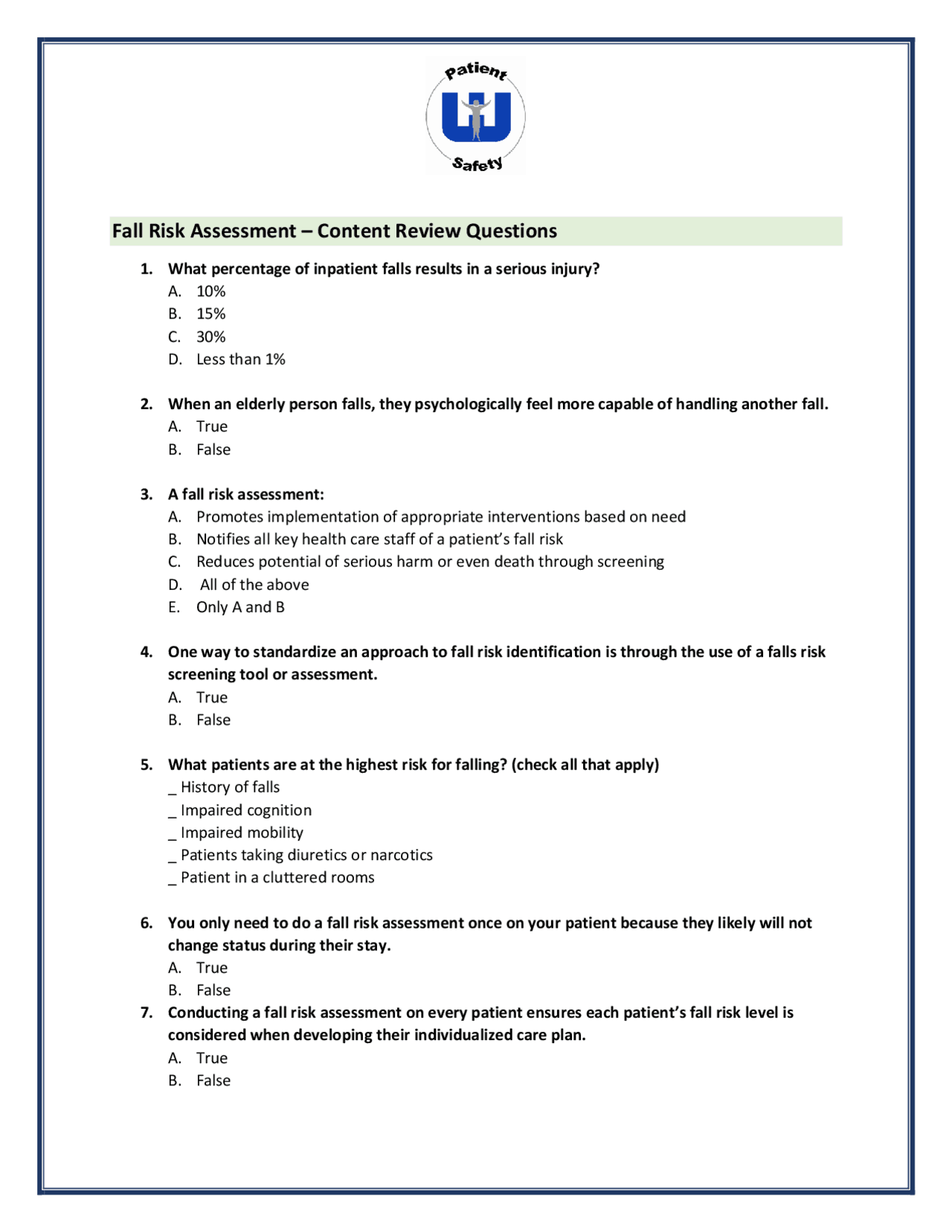 Fall Risk Assessment Content Review Questions Lecture Notes History