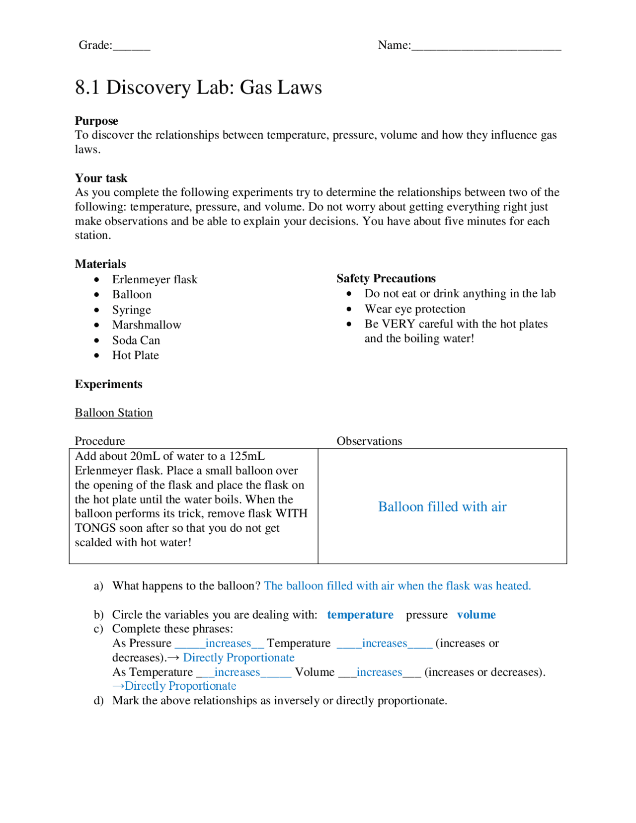 8.1 Discovery Lab: Gas Laws | Exercises Law | Docsity