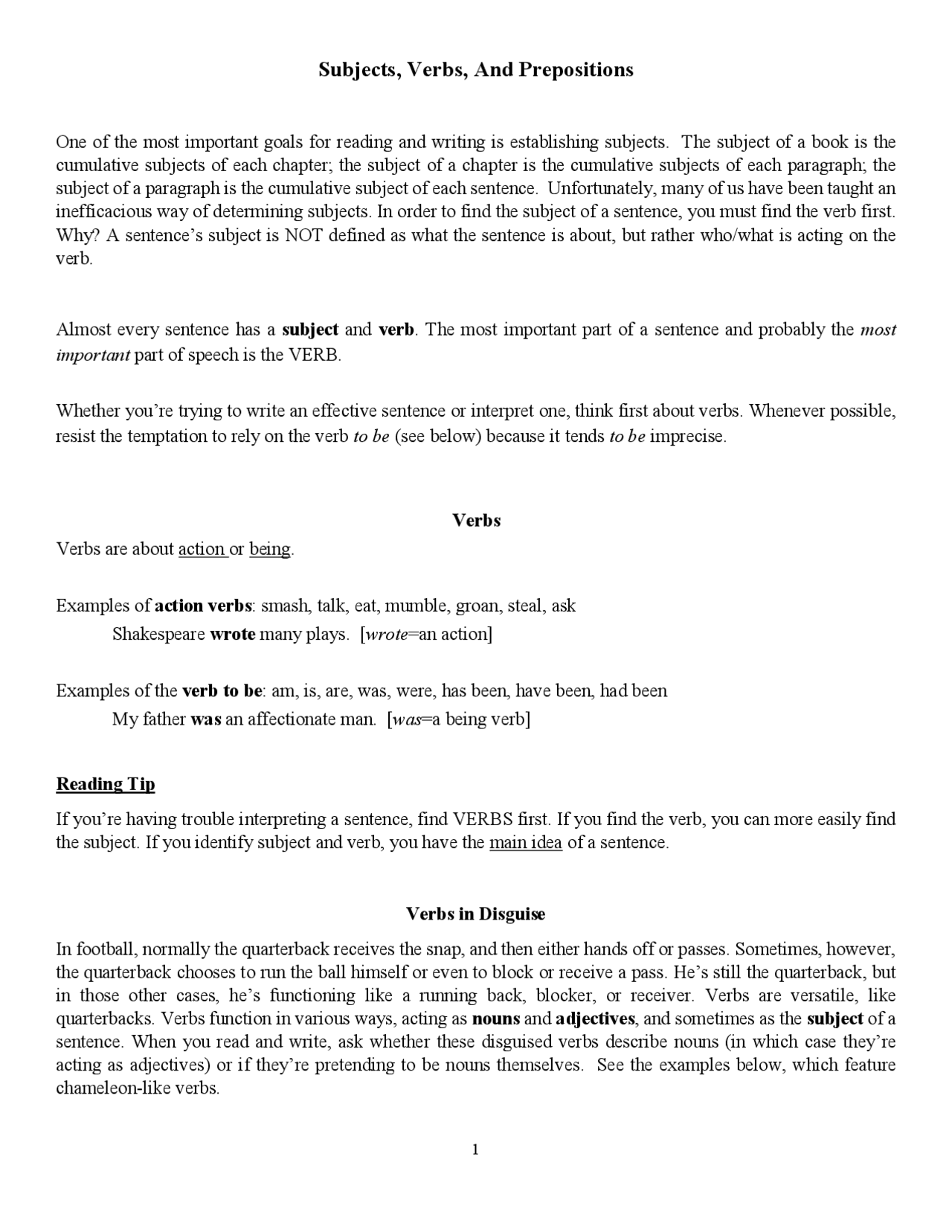 Identifying Subjects, Verbs, and Prepositions | Summaries Acting | Docsity