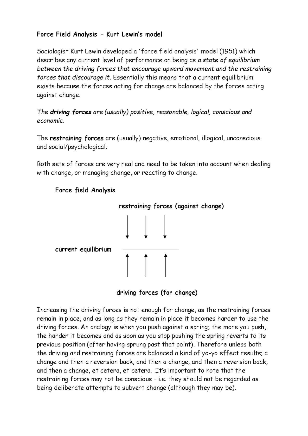 Force Field Analysis - Kurt Lewin's model | Study notes Acting | Docsity