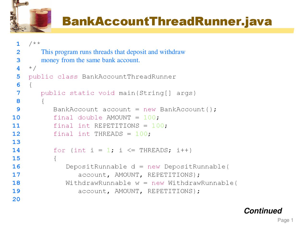 BankAccountThreadRunner.java | Summaries Java Programming | Docsity