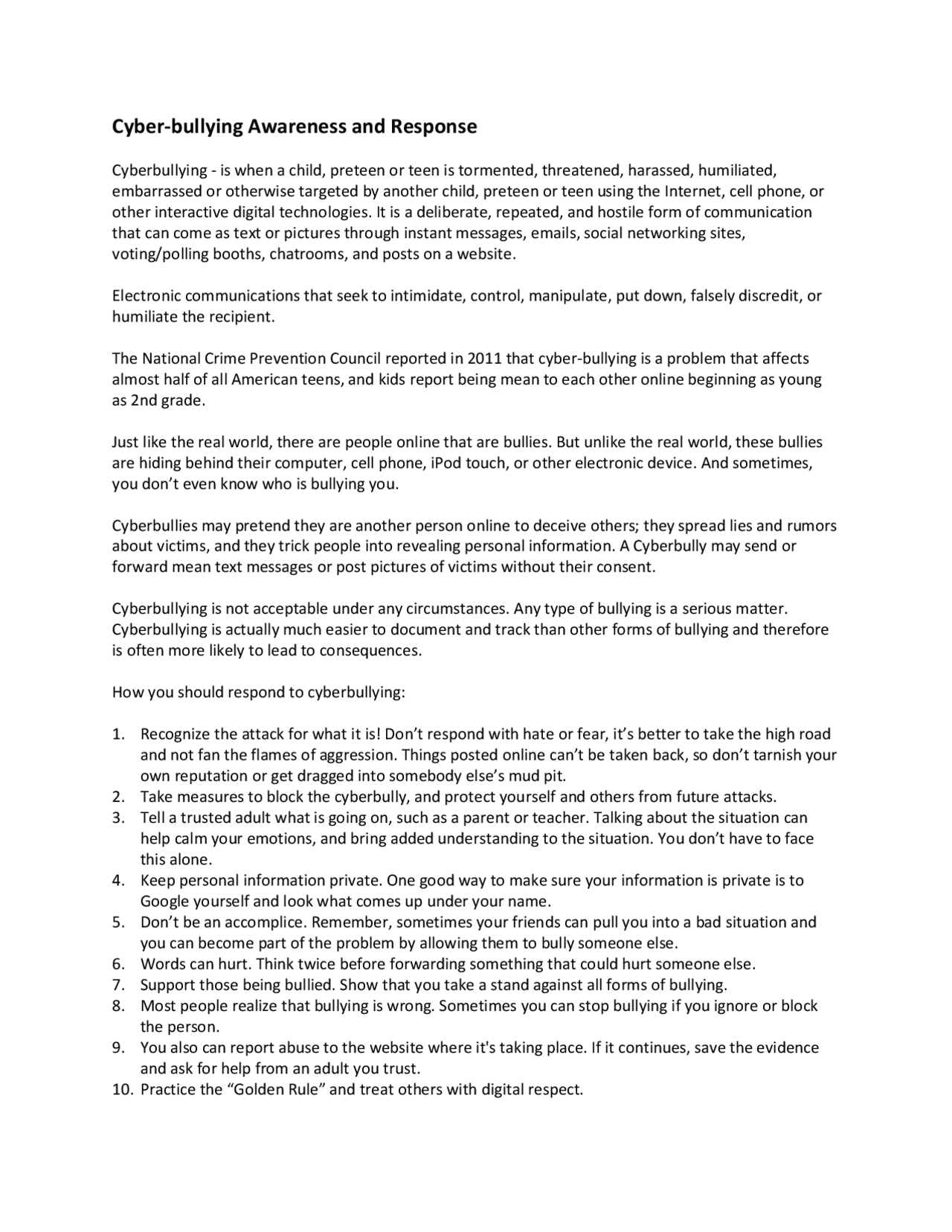 Cyber-bullying Awareness and Response | Study notes Communication | Docsity