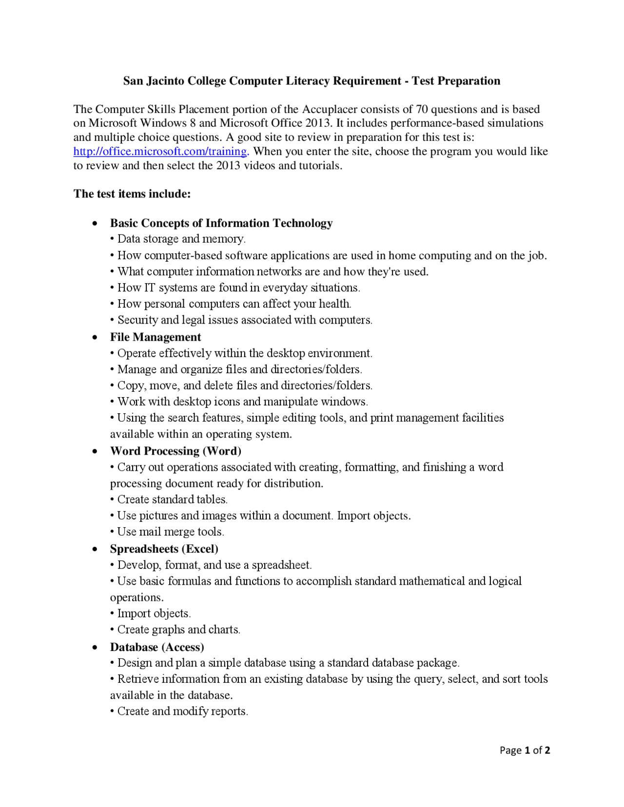 San Jacinto College Computer Literacy Requirement Lecture Notes Information Technology Docsity