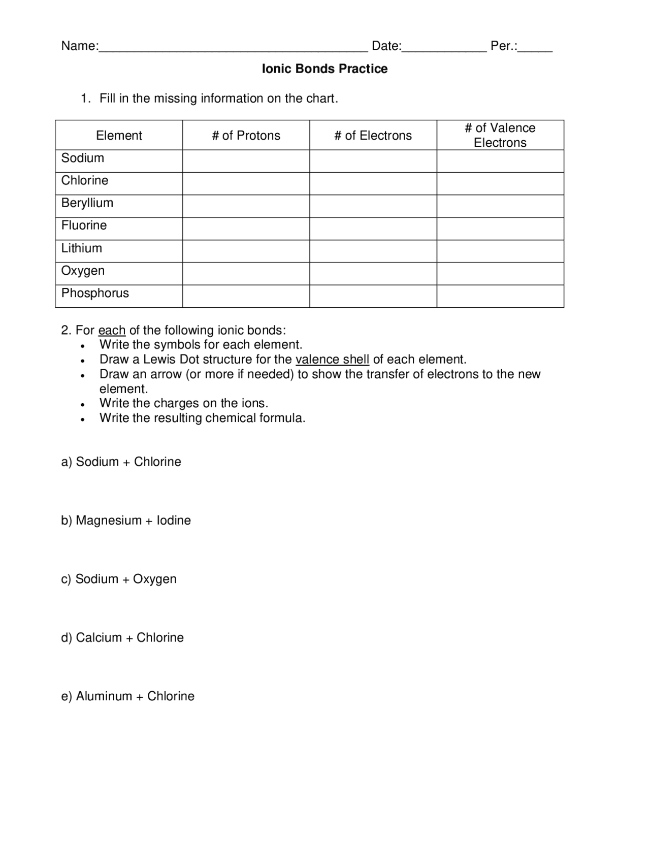 Ionic And Covalent Bonds Worksheet Summaries Chemistry Docsity