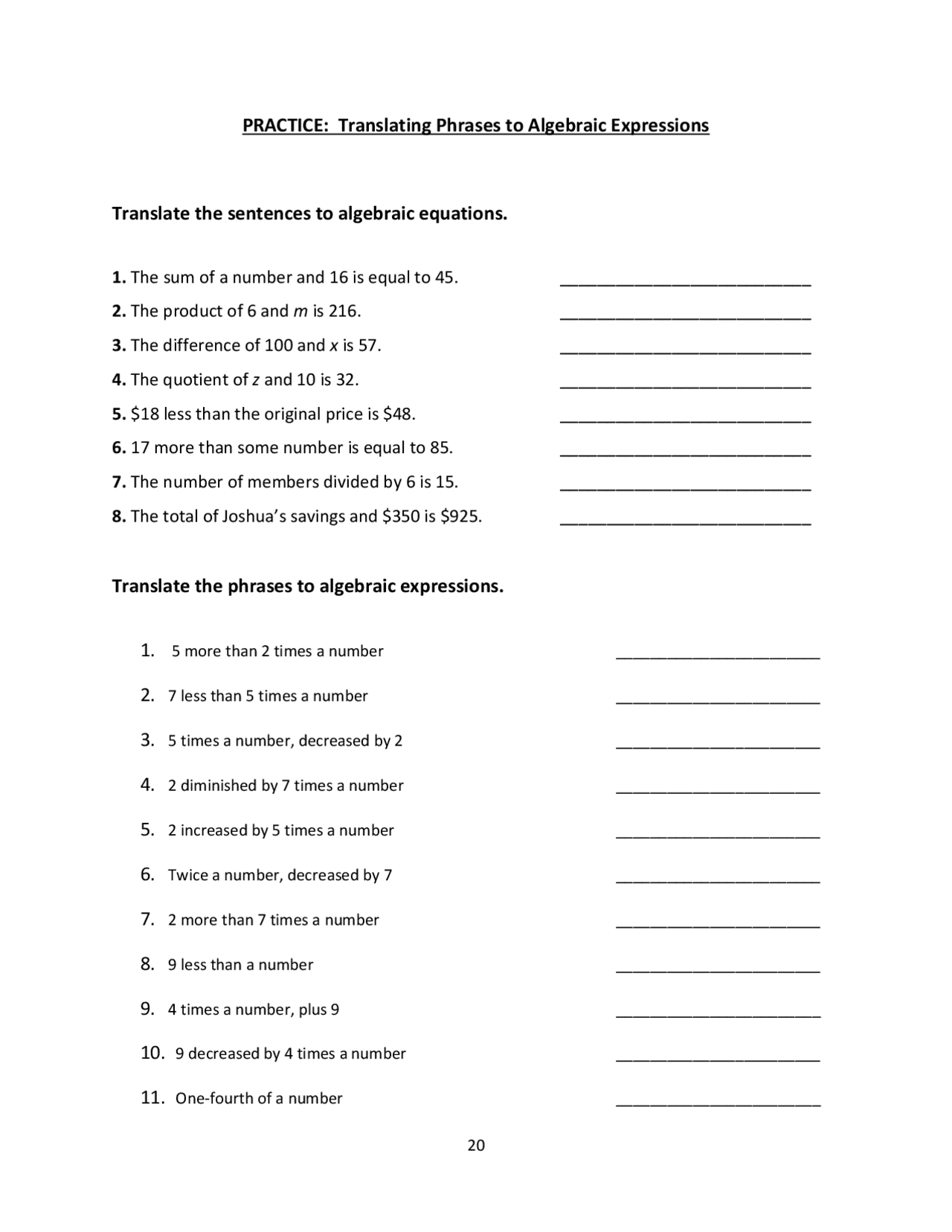 Translating Phrases to Algebraic Expressions: Solving Equations and ...