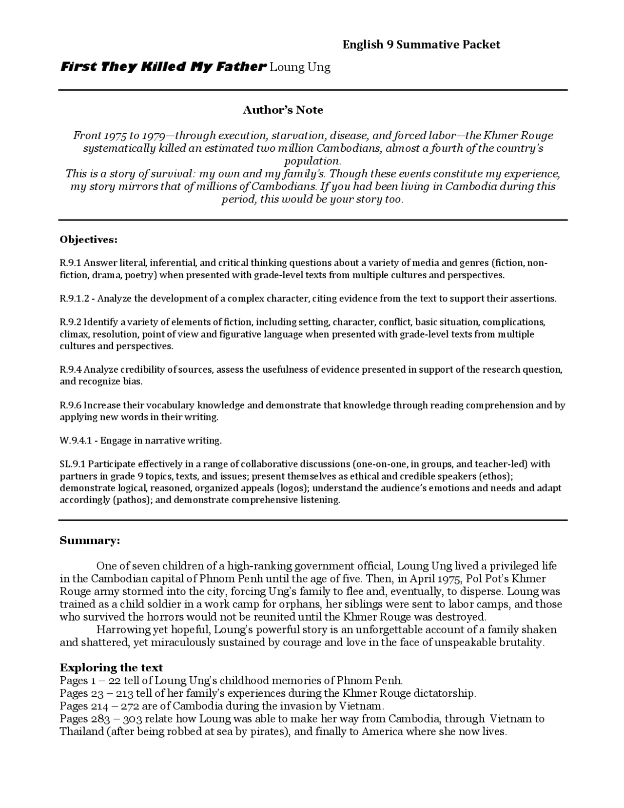 English 9 Summative Packet First They Killed My Father ... | Study ...