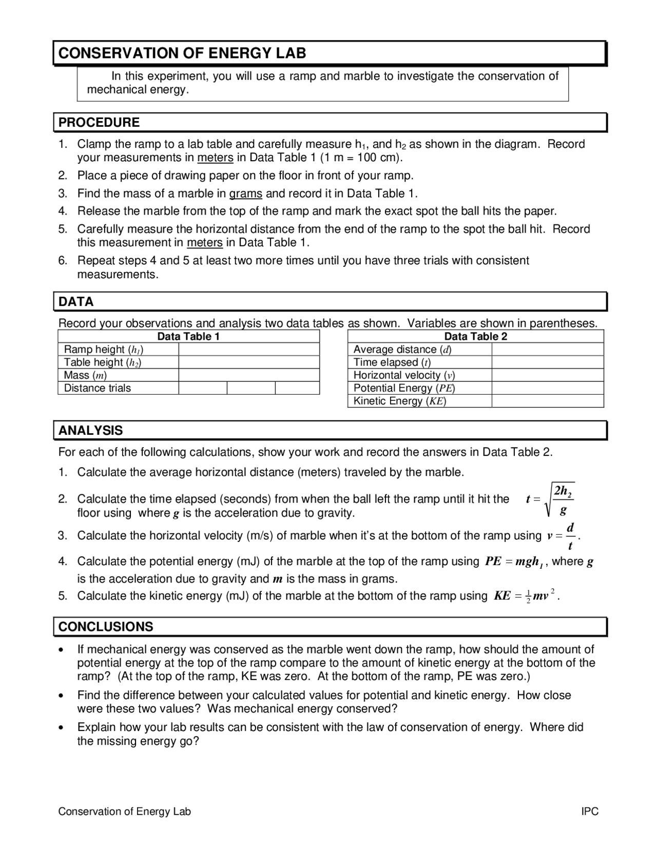 Conservation Of Mechanical Energy Worksheet