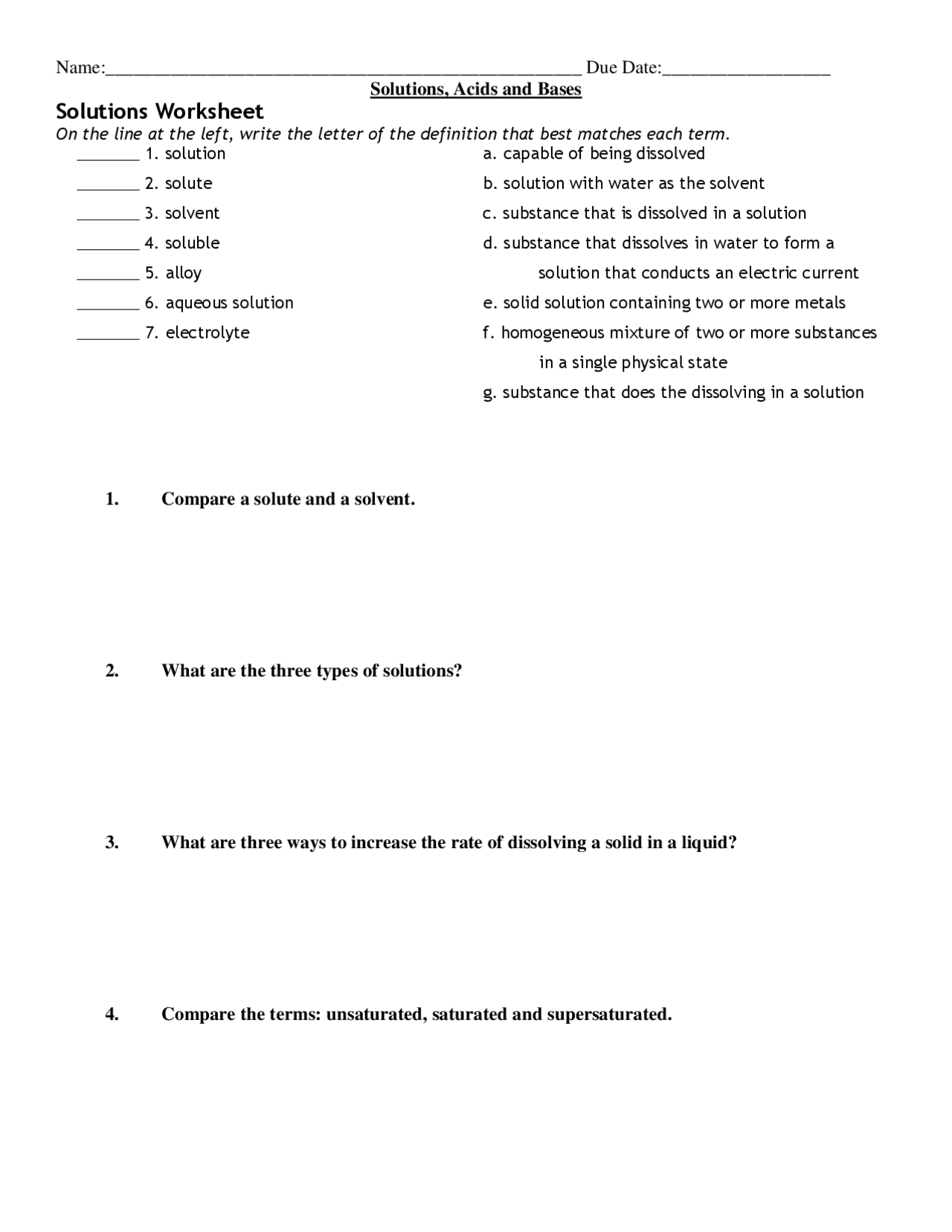 Solutions, Acids and Bases Worksheet: Definitions and Solubility ...