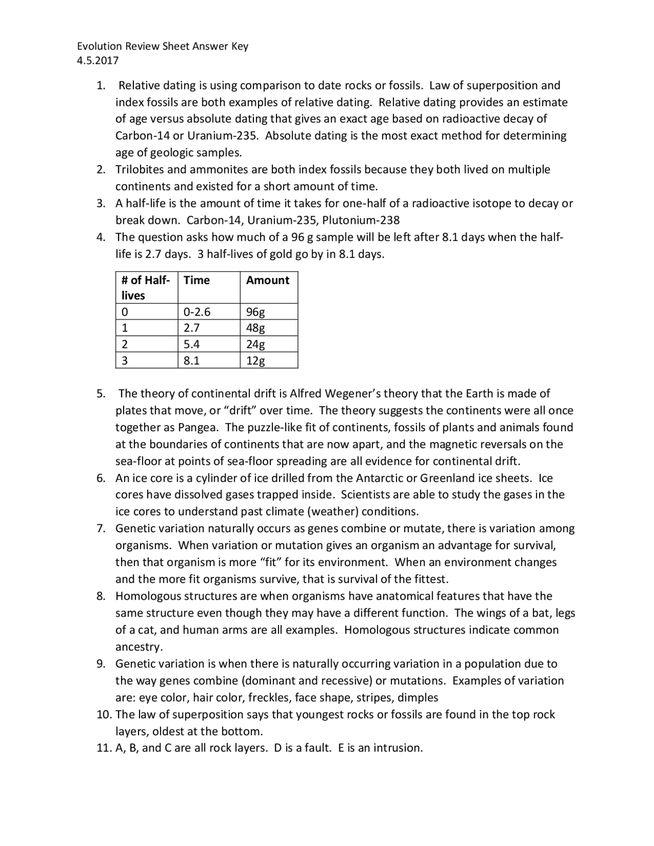 Evolution and Geology Review Sheet Answer Key | Assignments Law | Docsity