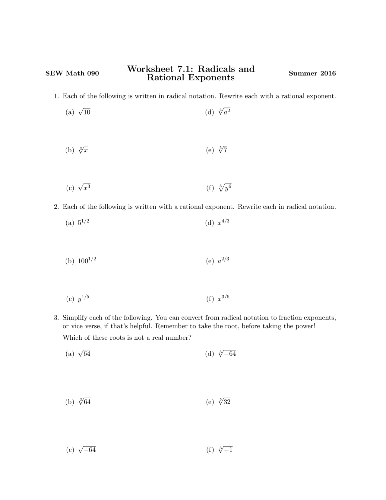 Algebra 1 Fractional Exponents Worksheet Exponents Worksheets