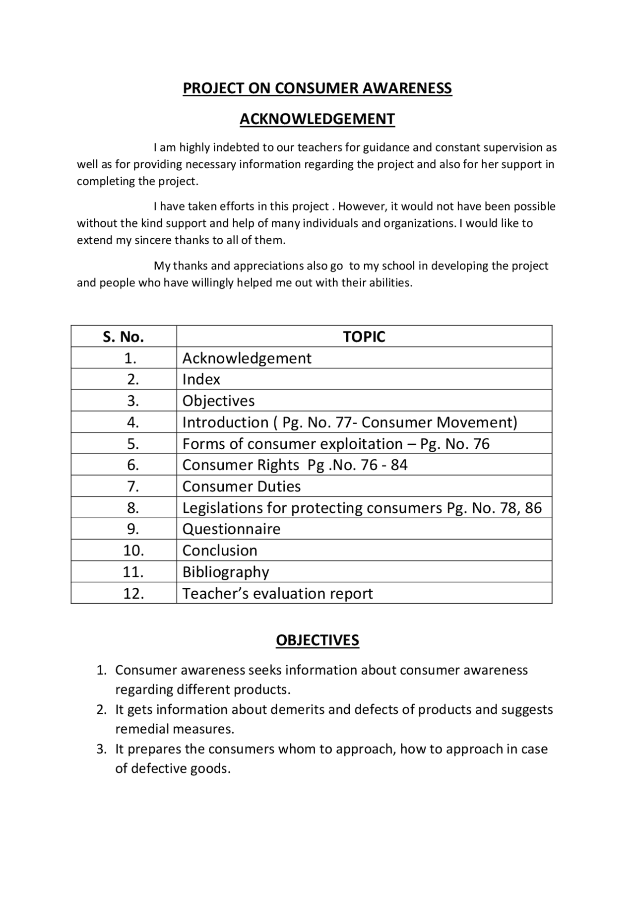 Project On Consumer Awareness Acknowledgement Exercises Project