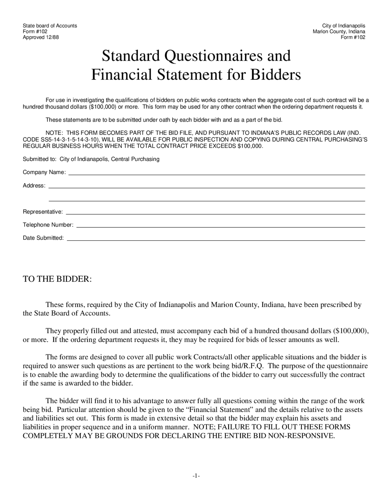 Standard Questionnaires And Financial Statement For Bidders Slides