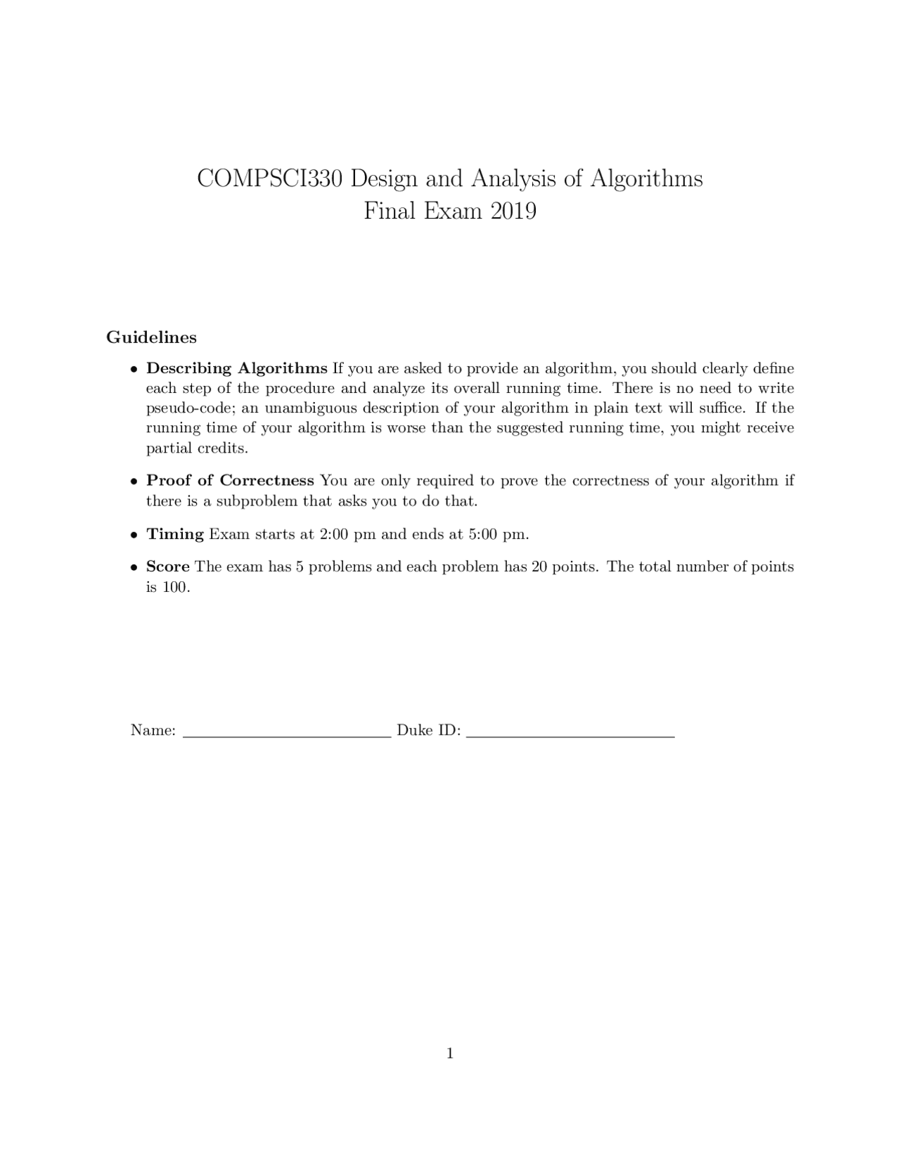 Compsci330 Design And Analysis Of Algorithms Final Exam Exams Design And Analysis Of