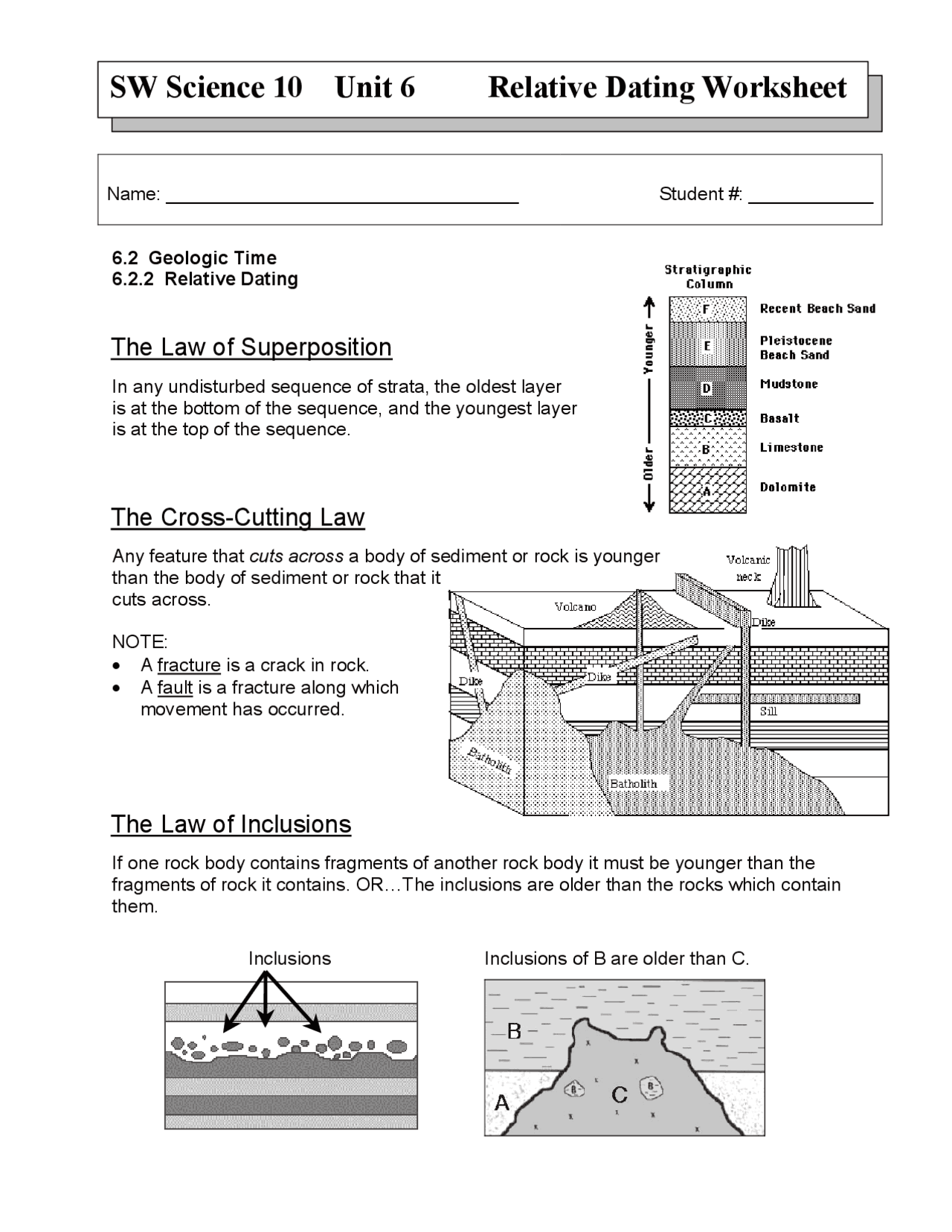 SW Science 10 Unit 6 Relative Dating Worksheet | Lecture notes Law ...