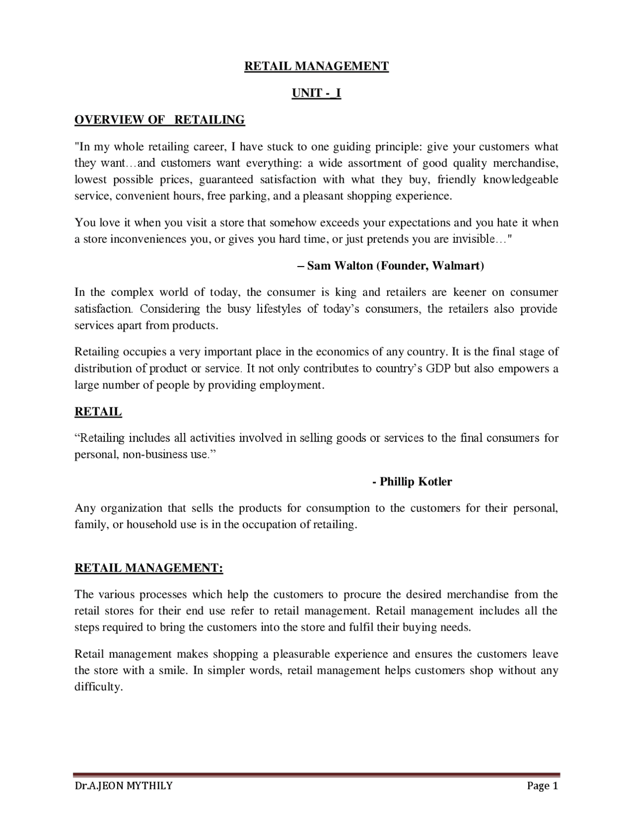 RETAIL MANAGEMENT UNIT | Slides Marketing | Docsity