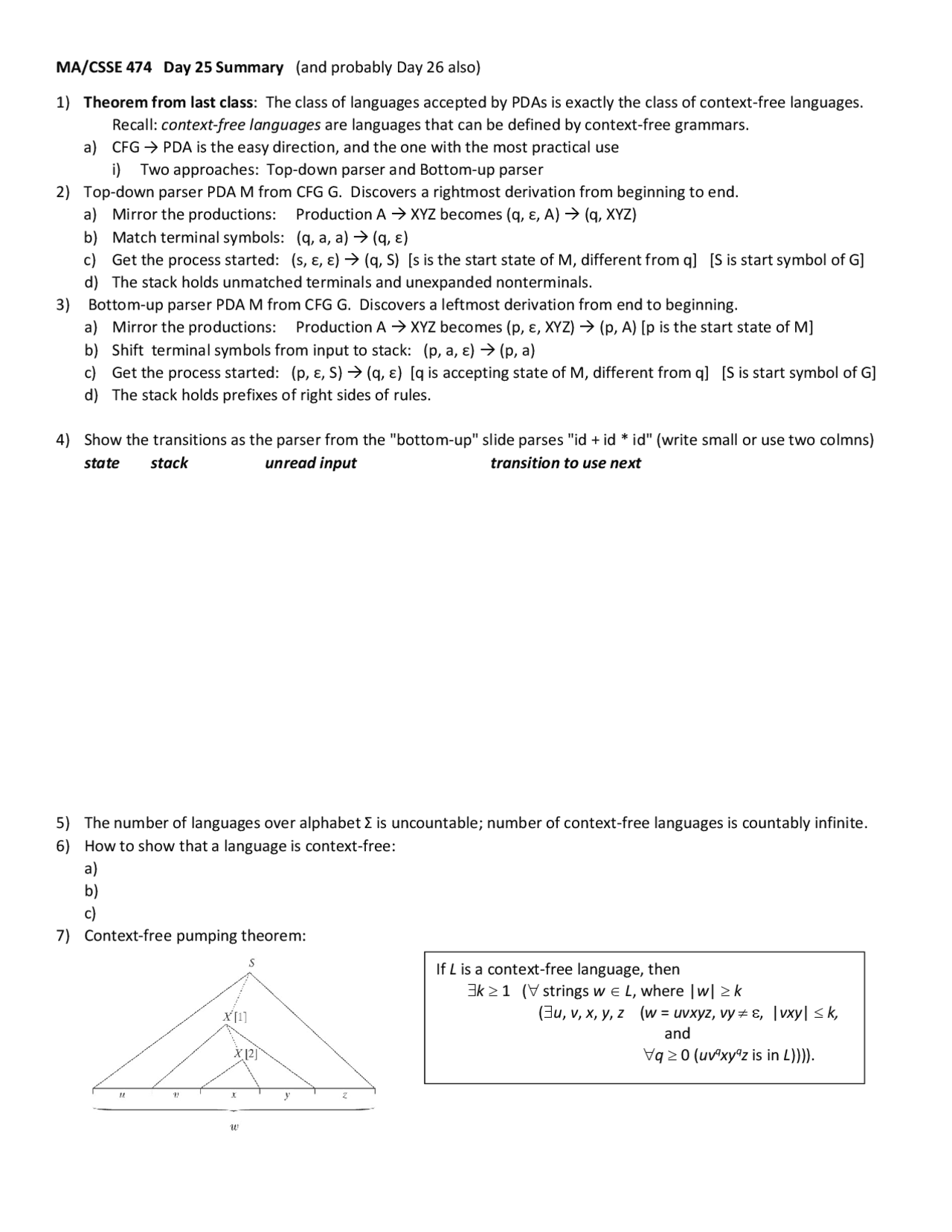 MA/CSSE 474: Day 25 and 26 Summary - Context-Free Languages and Parsing with PDAs | Exams Theory ...