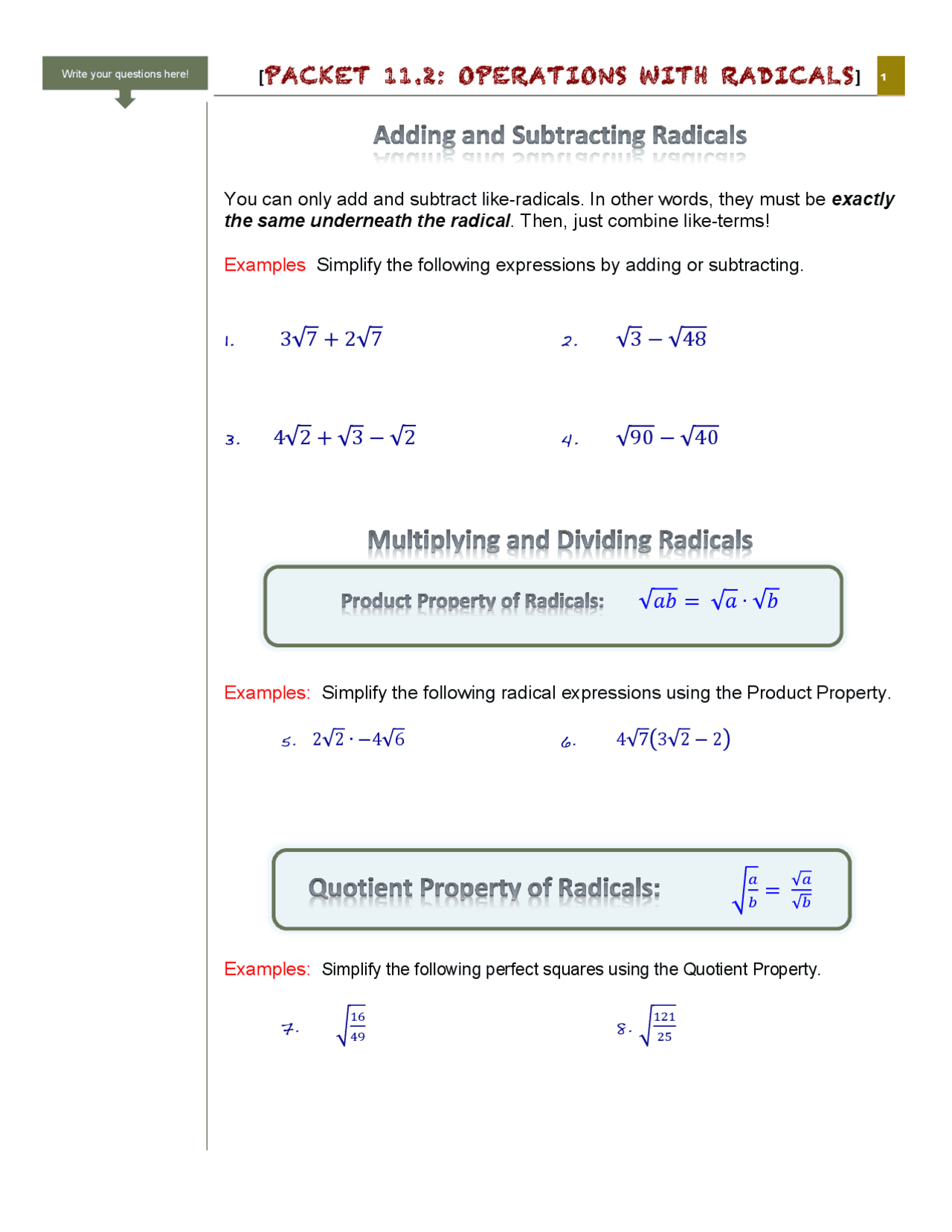[PACKET 11.2: OPERATIONS WITH RADICALS] 1 1. 3 7 + 2 7 ... | Lecture ...