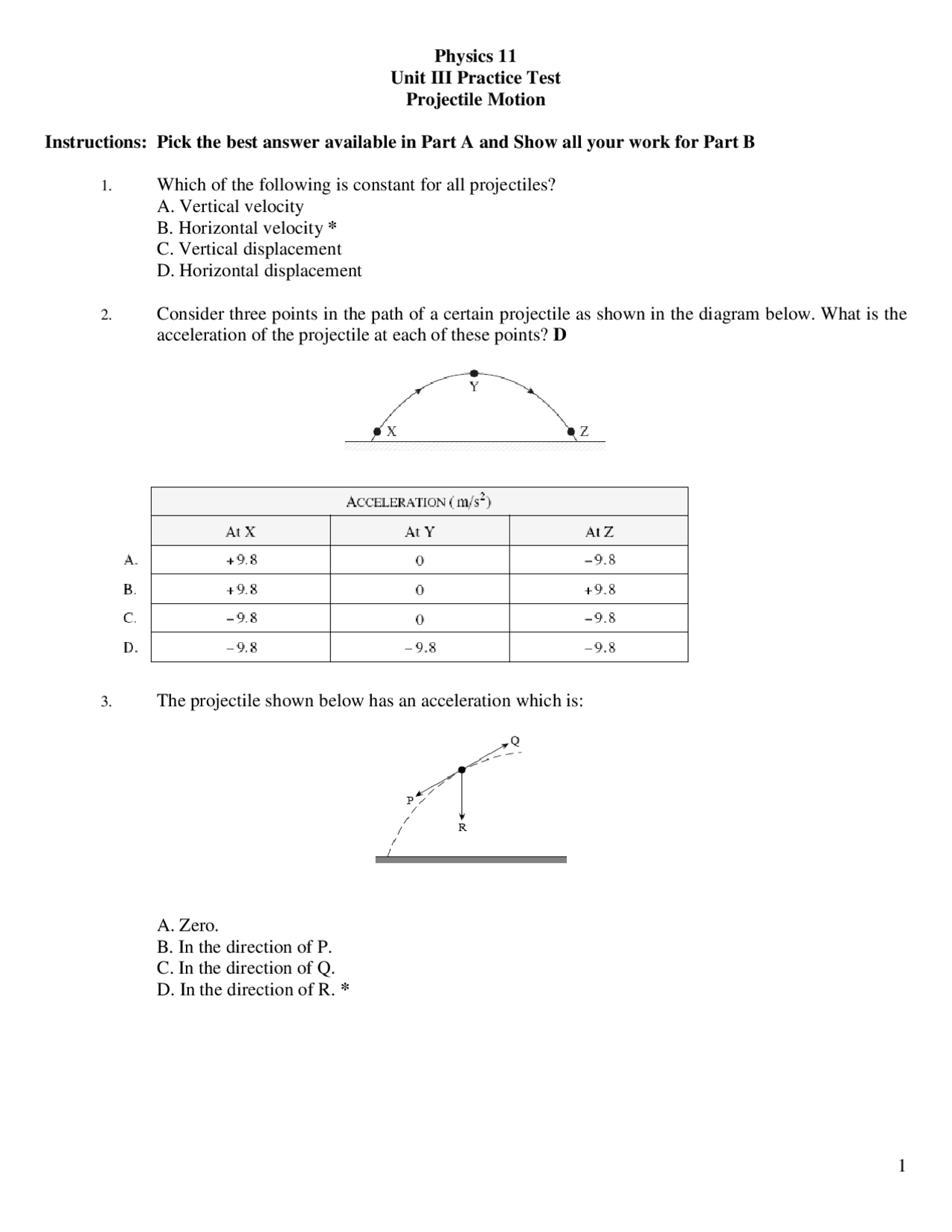 1 Physics 11 Unit III Practice Test Projectile Motion Instructions ...