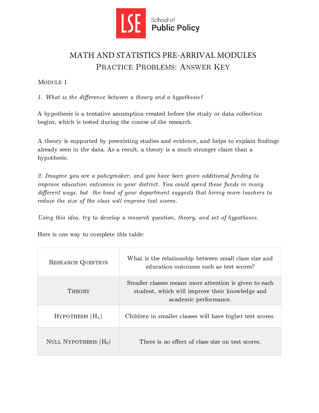 Math and Statistics Pre-Arrival Modules: Practice Problems Answer Key | Exercises Statistics ...