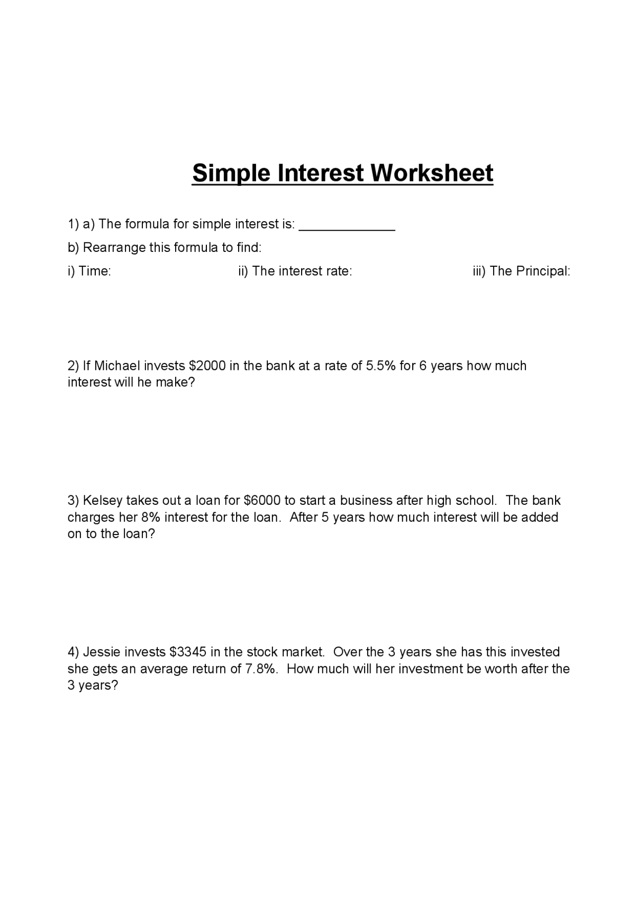 Simple Interest Worksheet | Assignments Business networking | Docsity