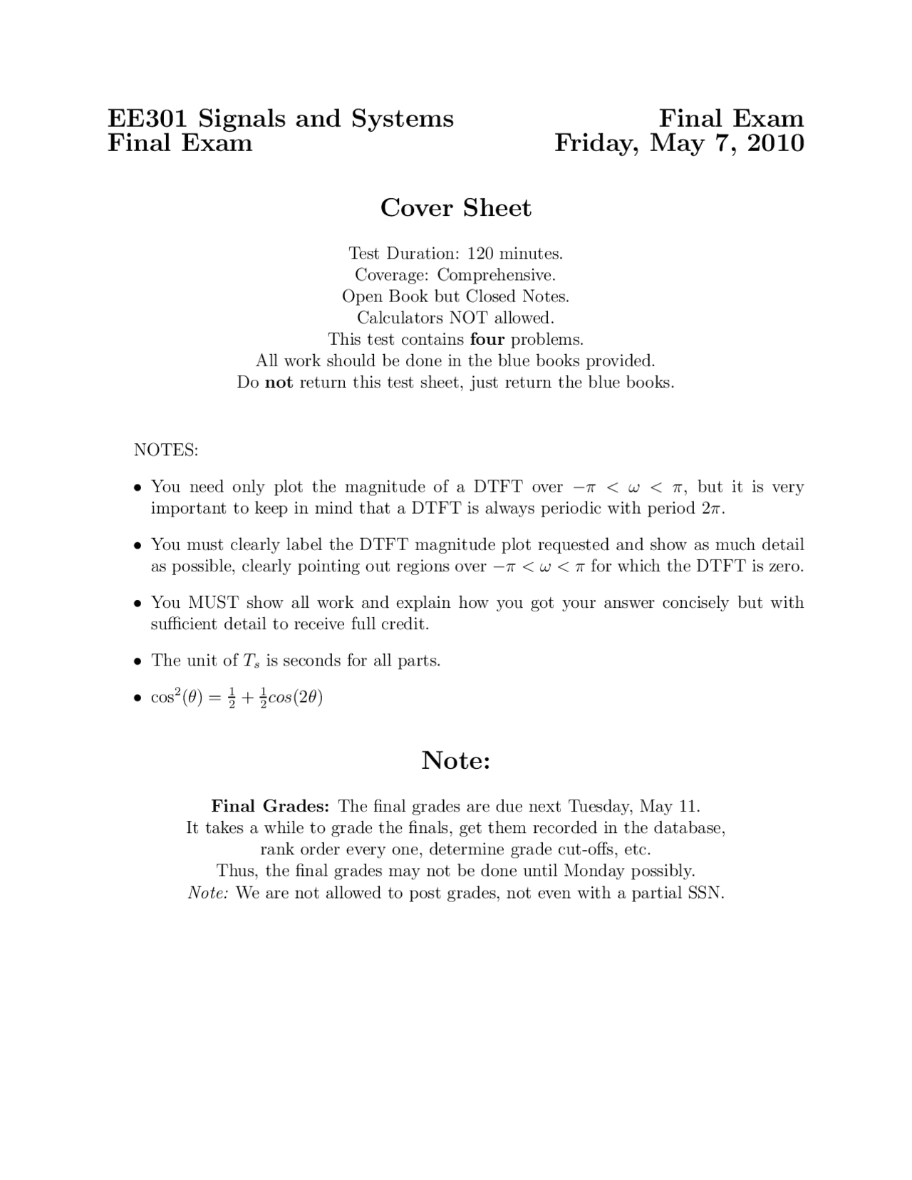 Ee301 Signals And Systems Final Exam Lecture Notes Signals And Systems Docsity