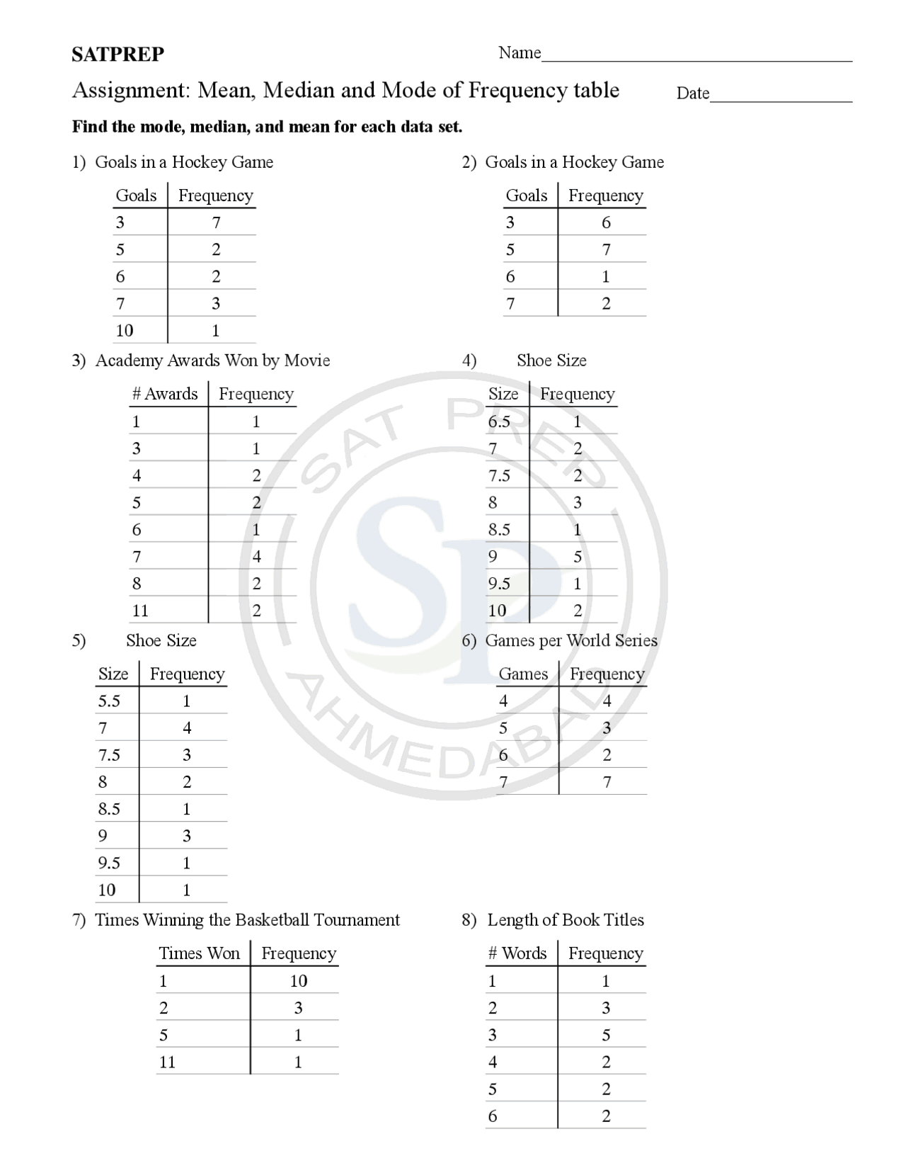 SAT Prep Assignment: Mean, Median and Mode Calculation for Various Data ...