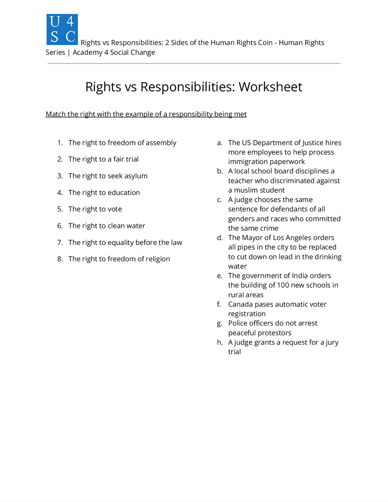 Rights vs Responsibilities: Worksheet | Assignments Human Rights | Docsity