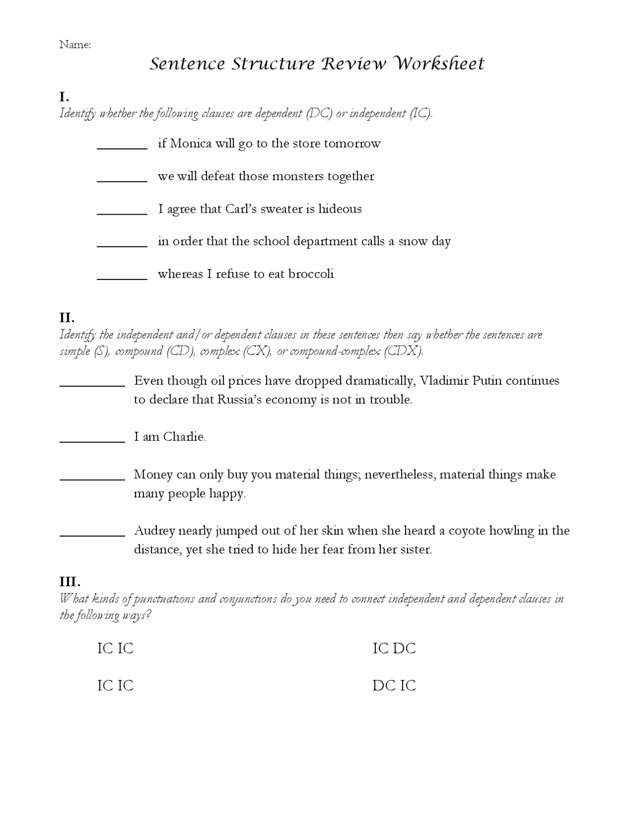 Sentence Structure Review Worksheet Lecture Notes English Language