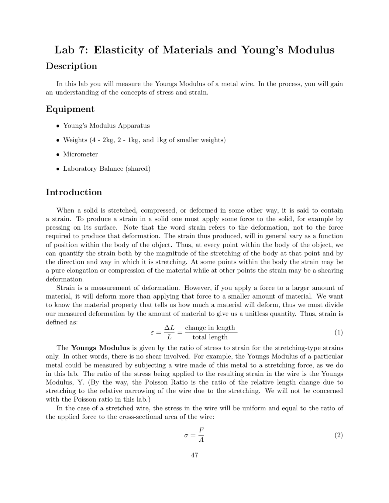 Lab 7: Elasticity of Materials and Young's Modulus | Exercises Law ...