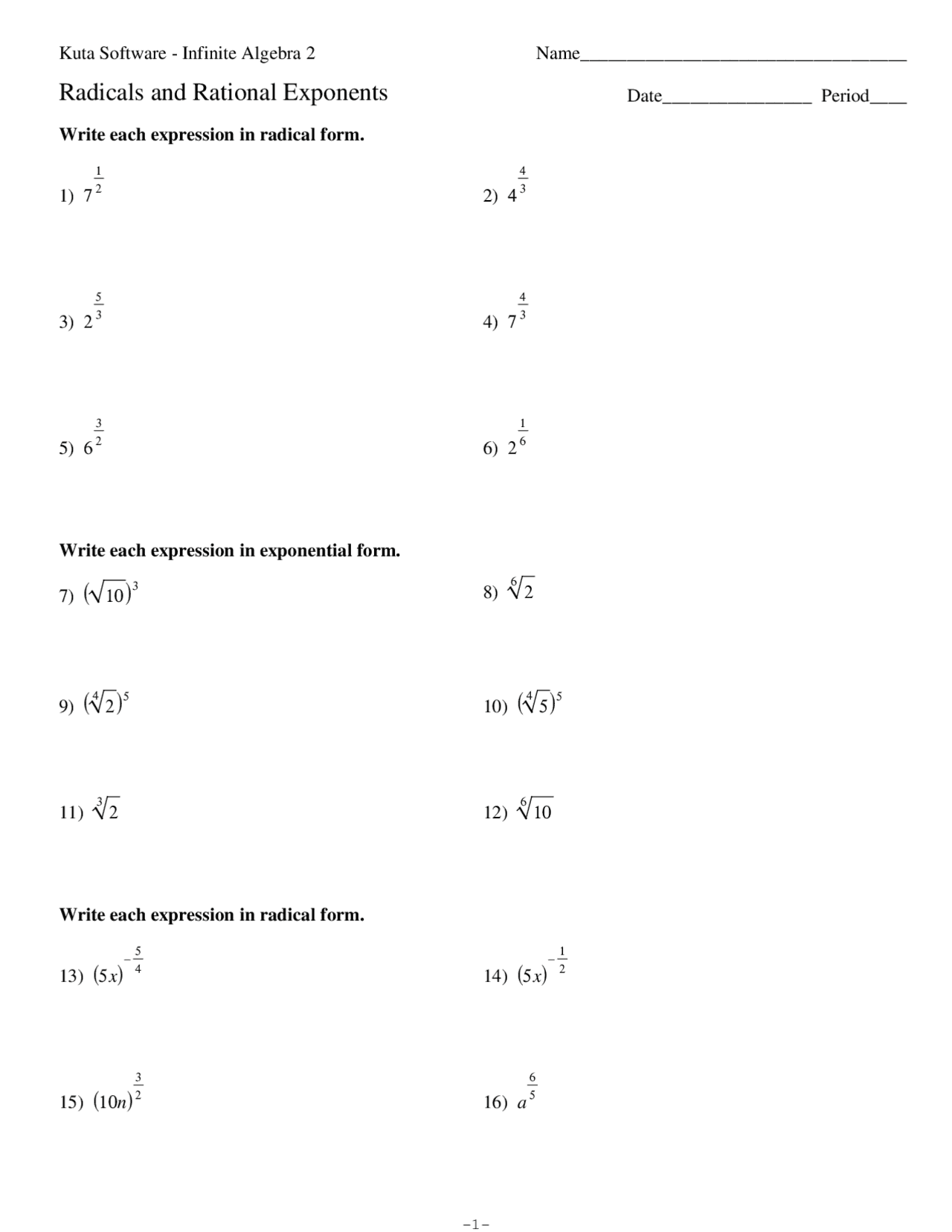 Radicals and rational exponents kuta | Study notes Algebra | Docsity
