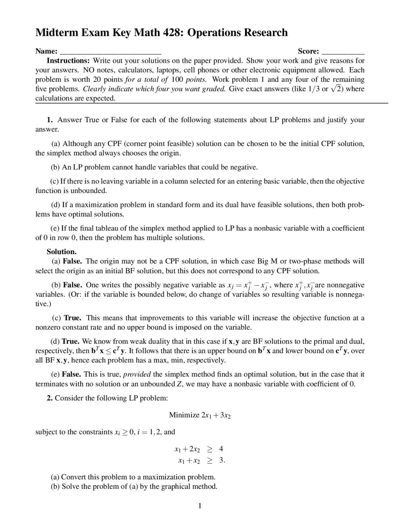 Midterm Exam Key Math 428 Operations Research Schemes And Mind Maps