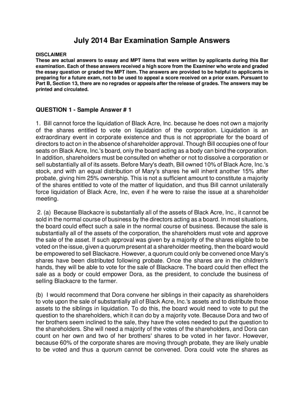 July 2014 Bar Examination Sample Answers | Exams Commercial Law | Docsity
