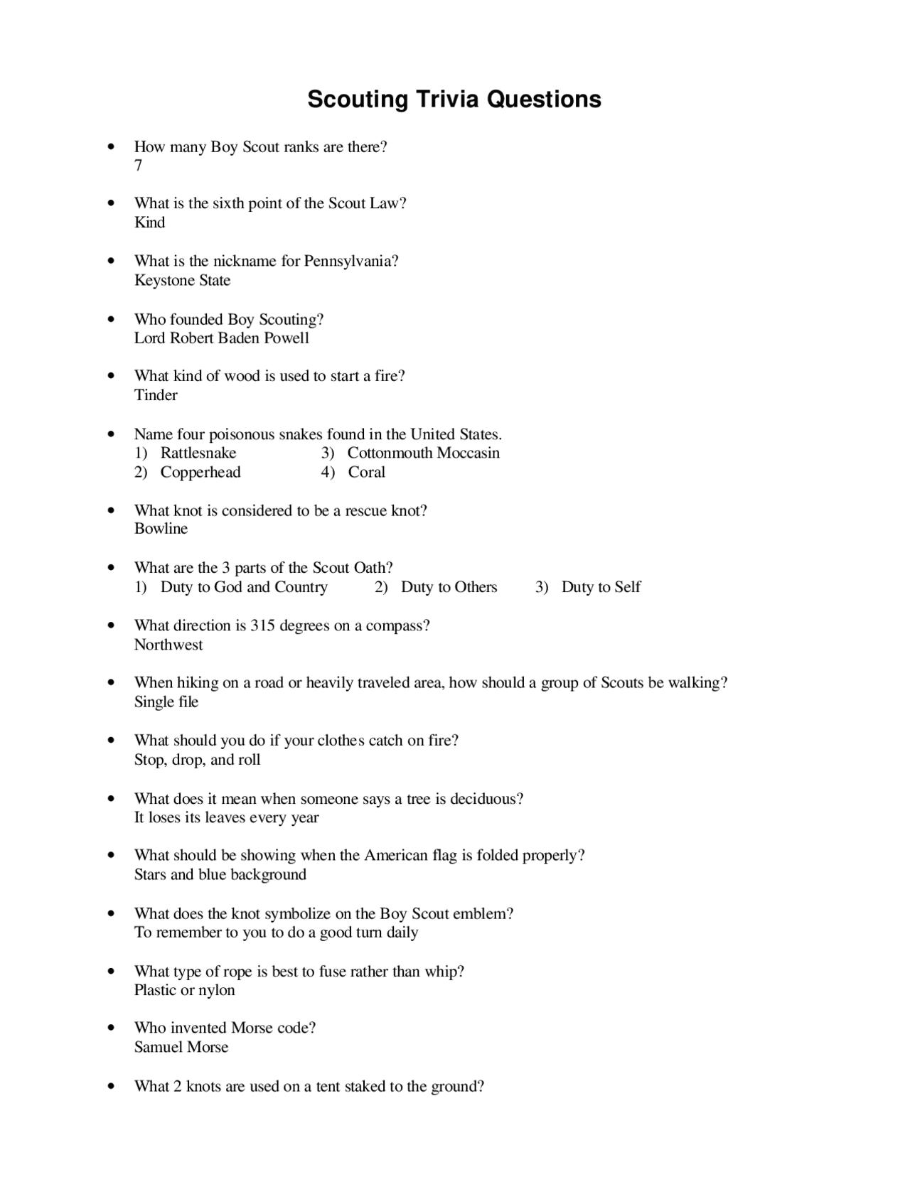 Scouting Trivia Questions | Study Guides, Projects, Research Law | Docsity