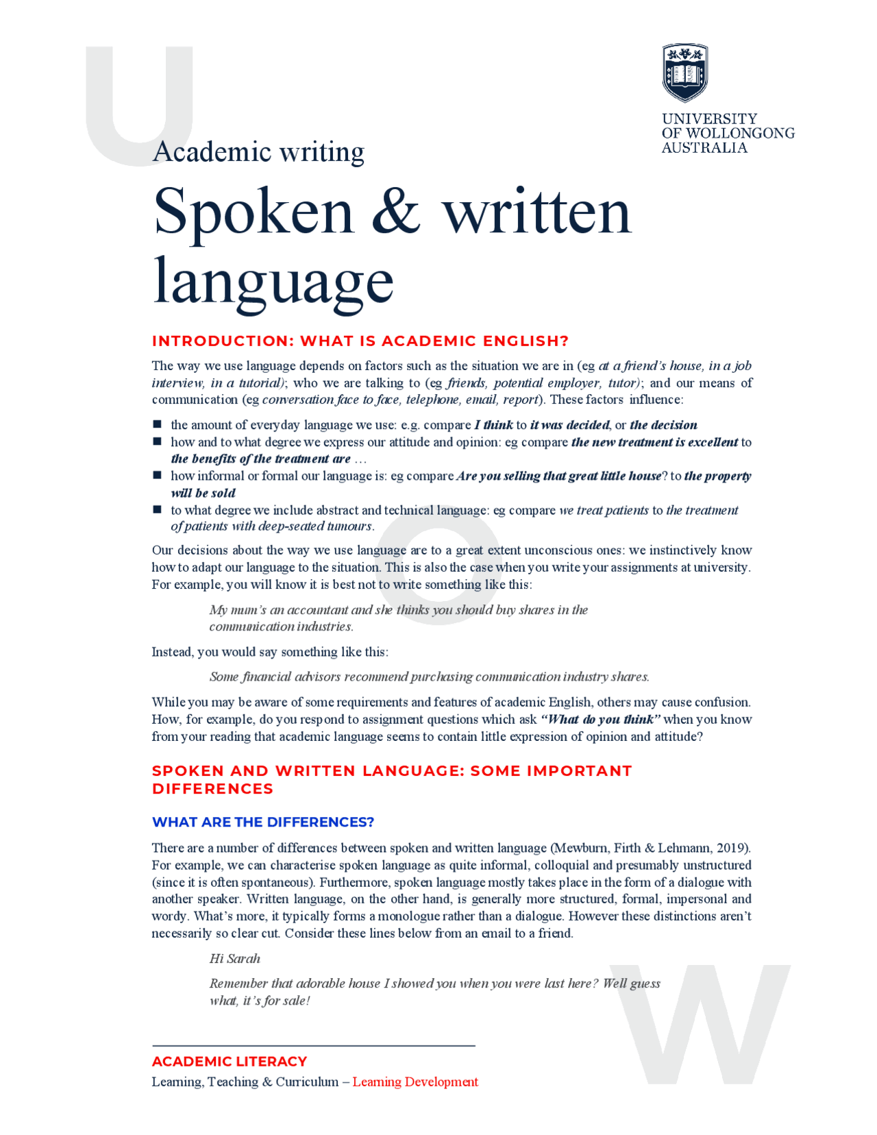 Academic writing: Spoken & written language | Exercises History of ...