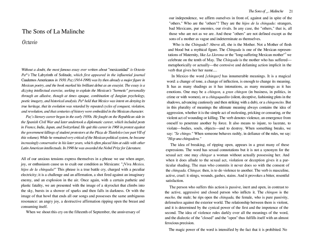 The Sons of La Malinche Octavio | Study notes Business Finance | Docsity