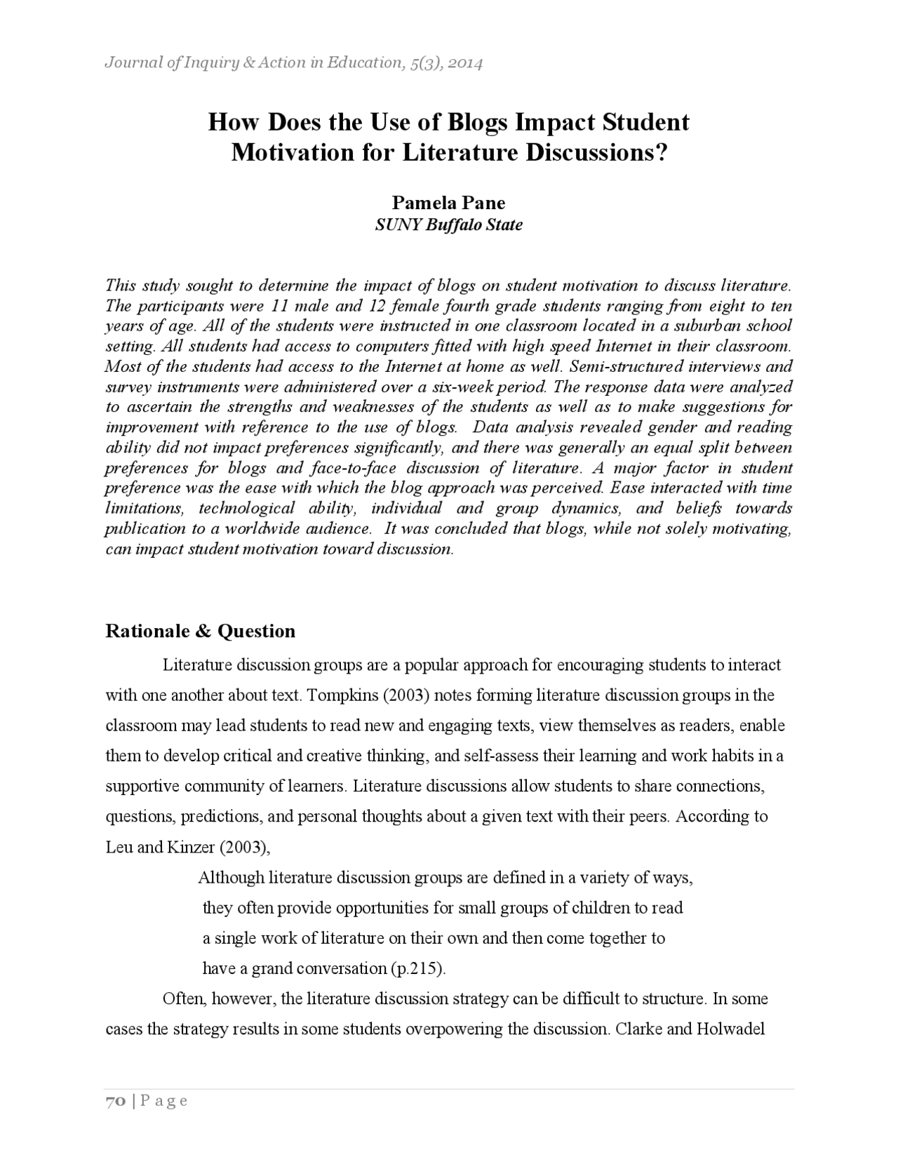 Impact of Blogs on Student Motivation for Literature Discussions: A ...