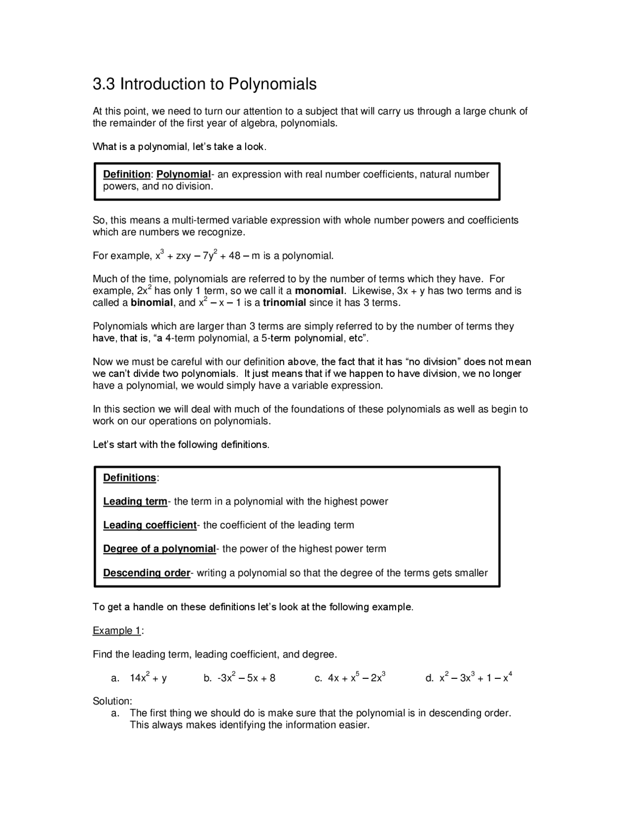 3.3 Introduction to Polynomials | Study notes Algebra | Docsity
