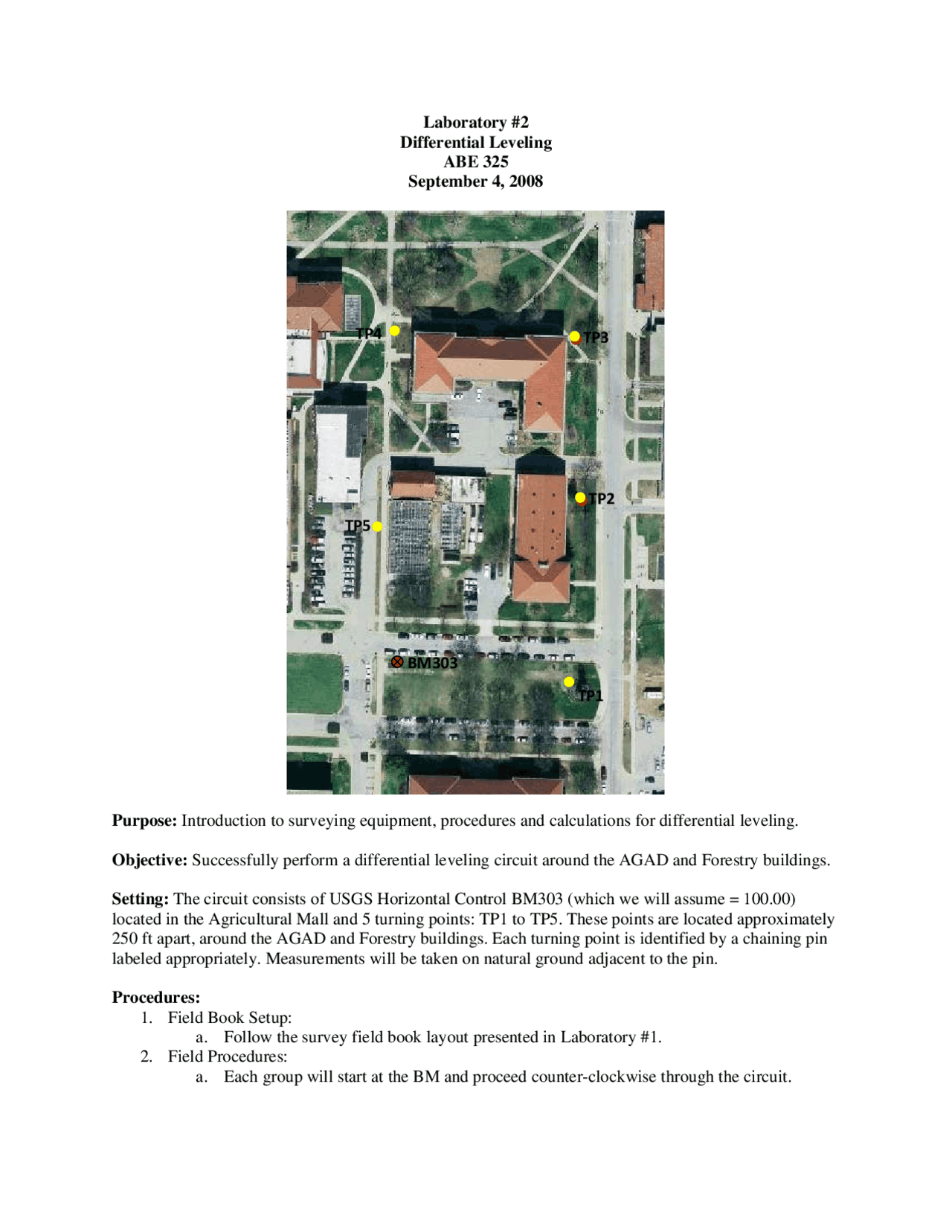 Laboratory #2 Differential Leveling ABE 325 September 4 ... | Exams Forestry | Docsity