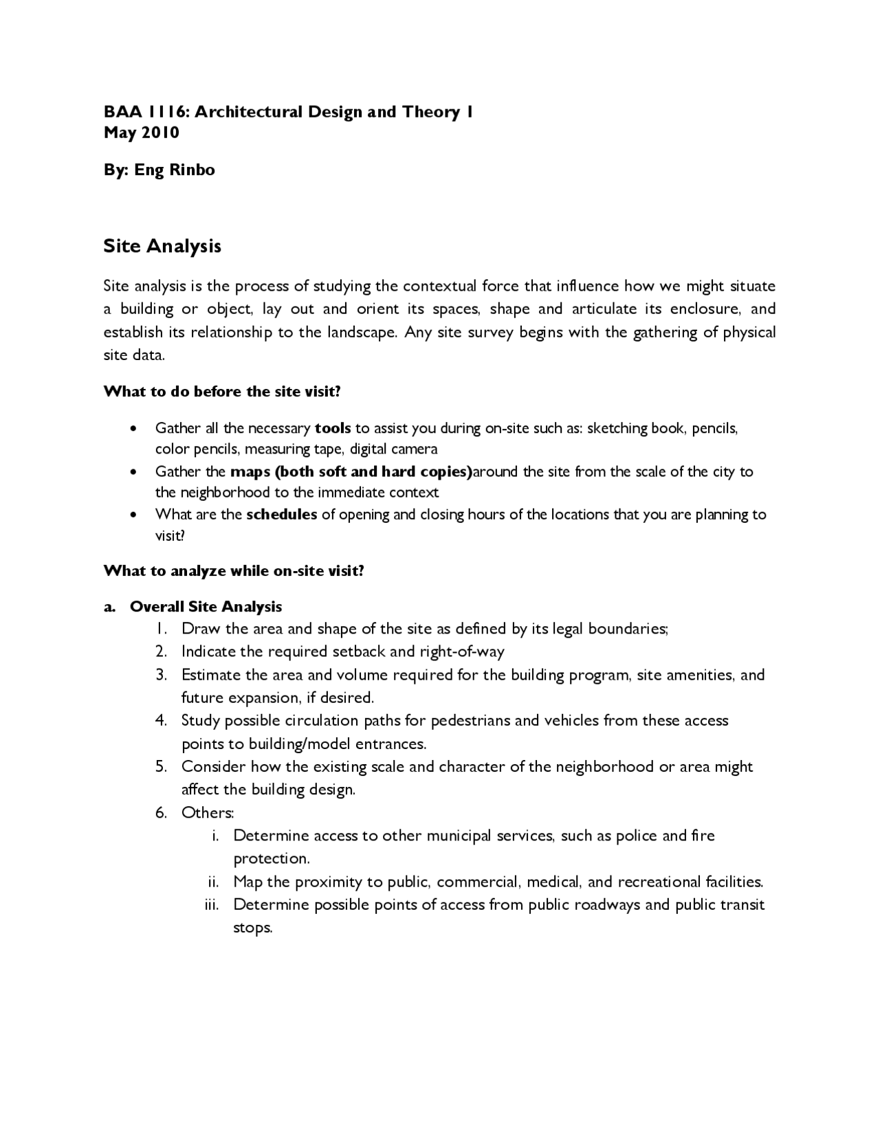 Site Analysis | Exercises Architecture - Docsity