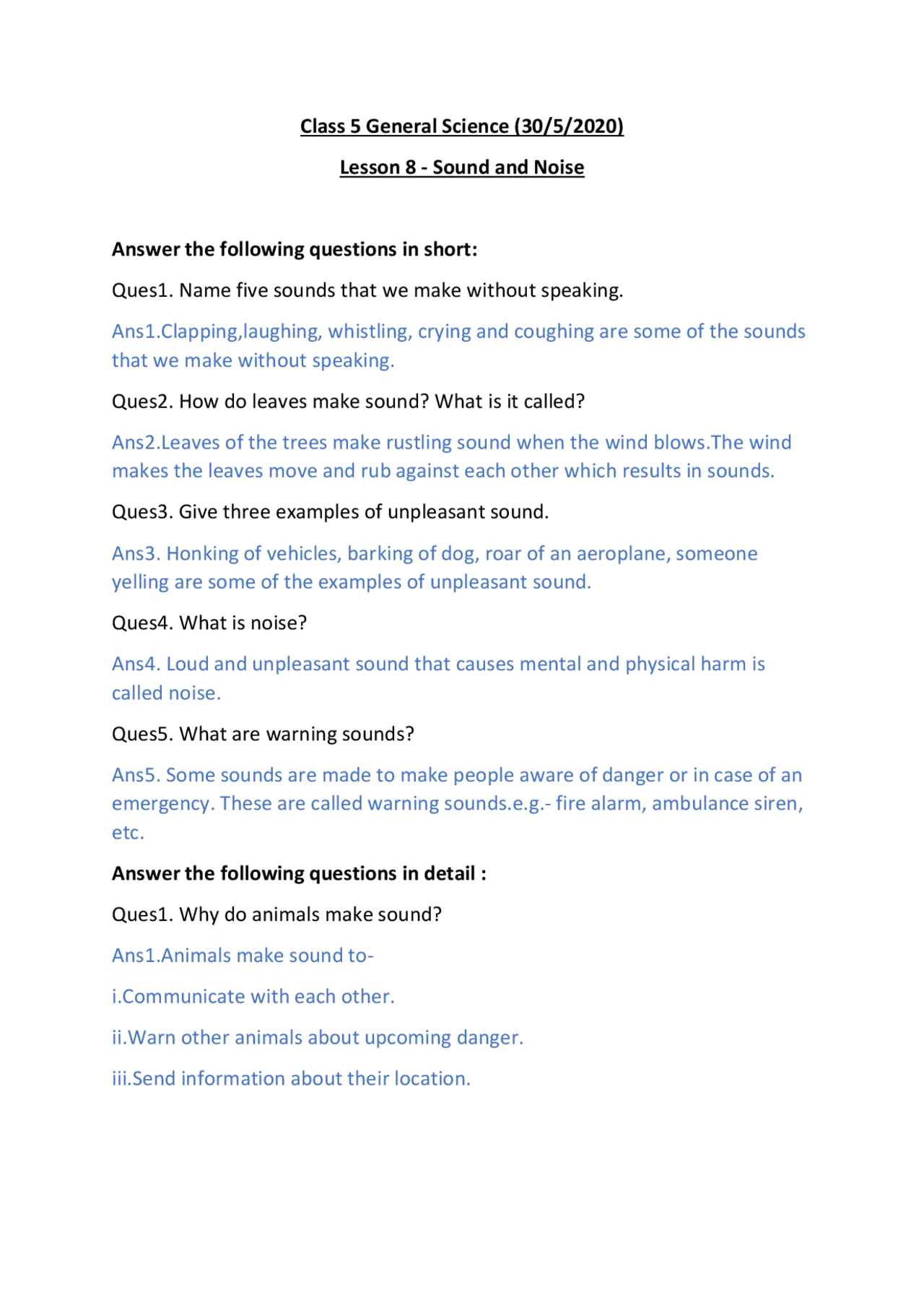 Sound and Noise Answer the following questions in short ... | Study ...