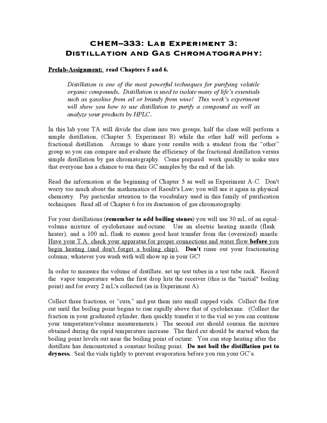 Lab Experiment 3 Distillation And Gas Chromatography Lecture Notes