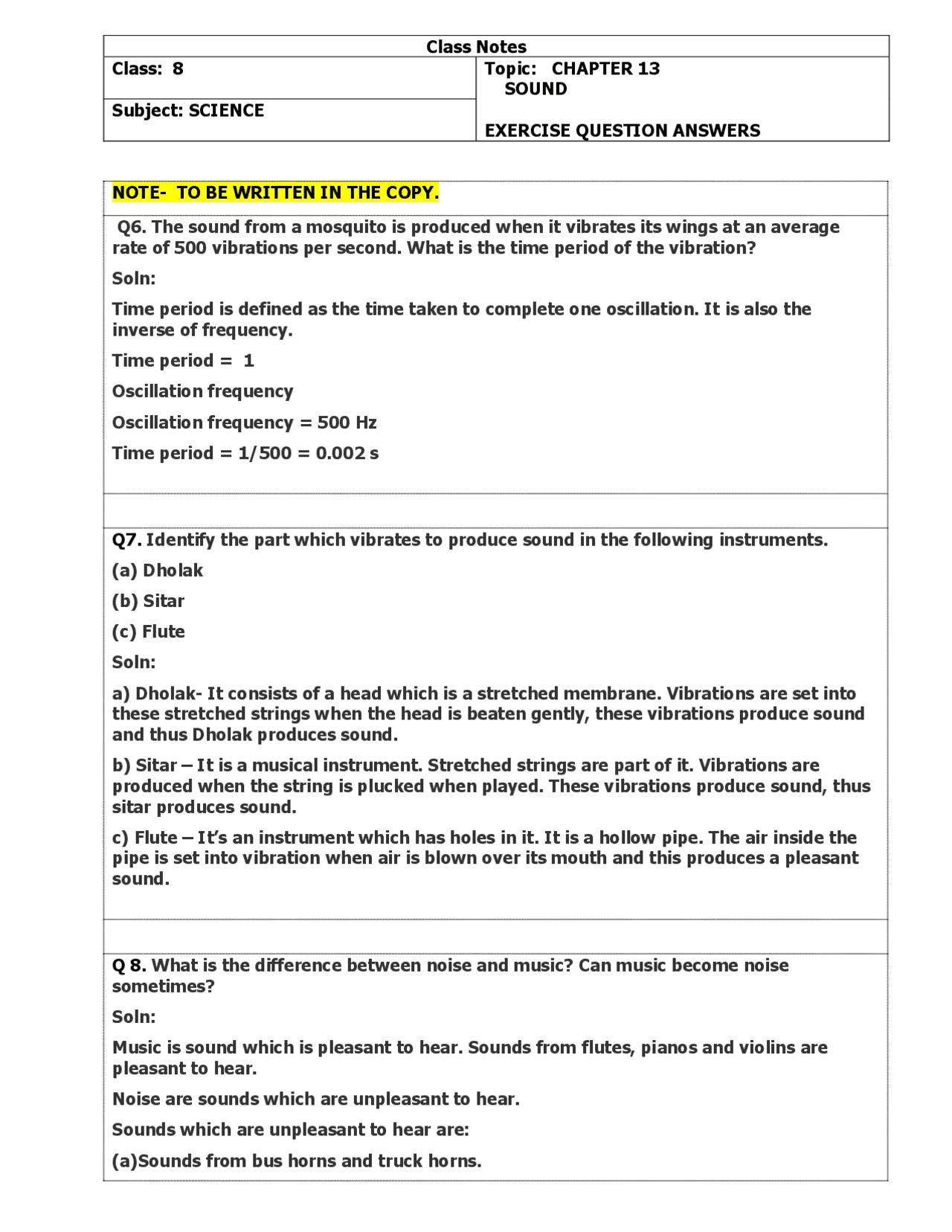 Class Notes Class: 8 Topic: CHAPTER 13 SOUND EXERCISE ... | Assignments ...