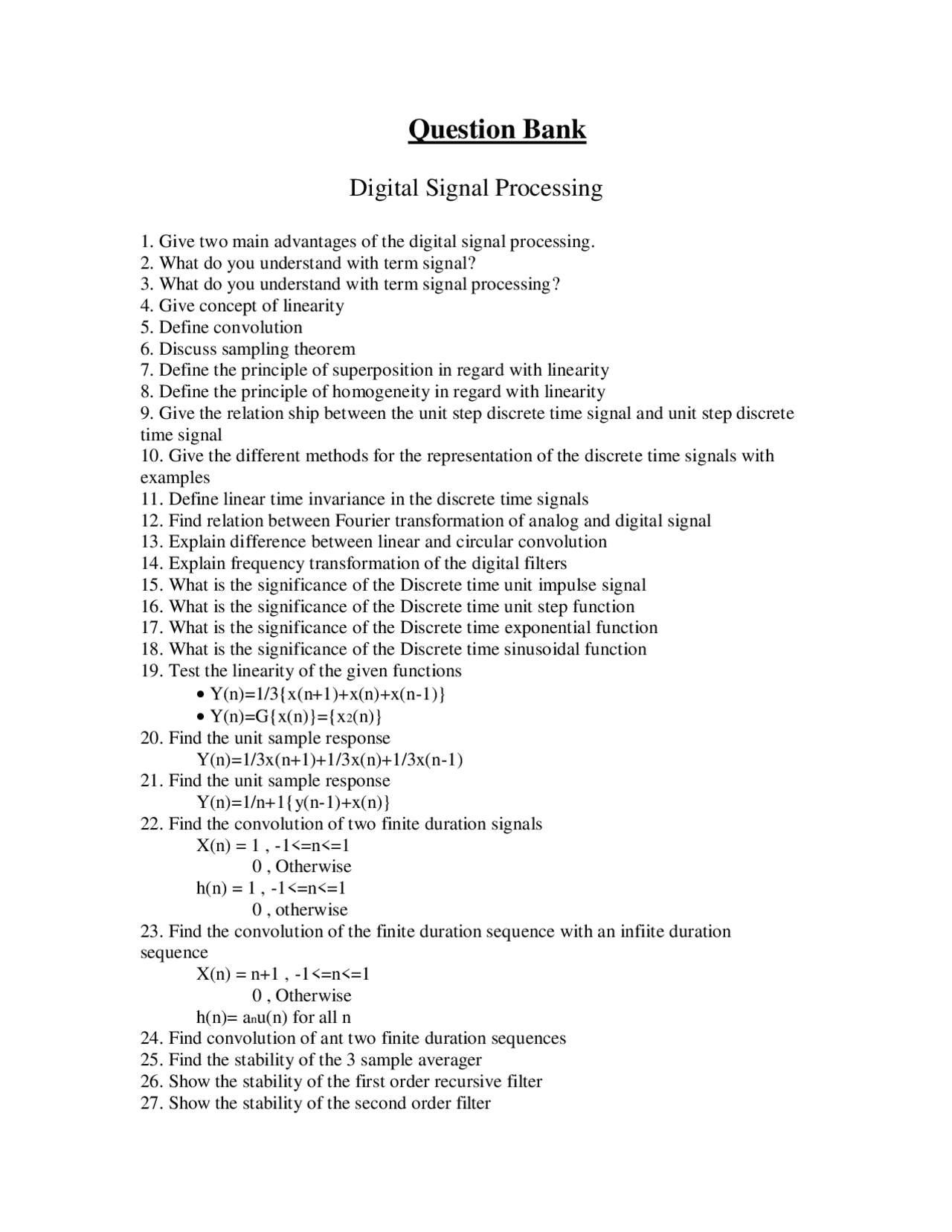 Question Bank | Slides Digital Signal Processing | Docsity