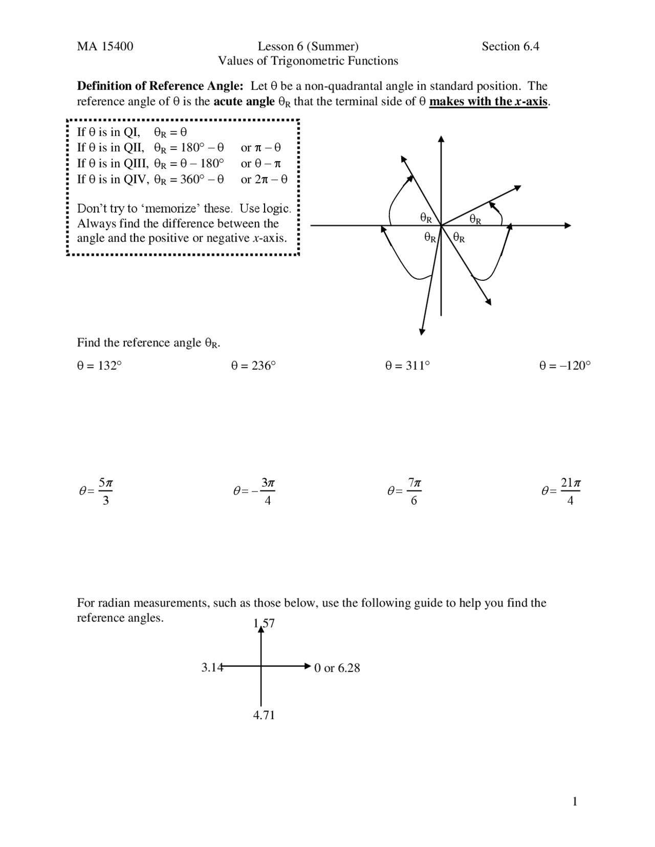 Trigonometric Functions: Finding Reference Angles and Values ...