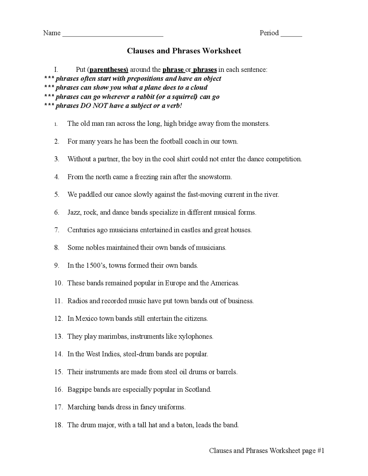 Clauses and Phrases Worksheet | Study notes Dance | Docsity