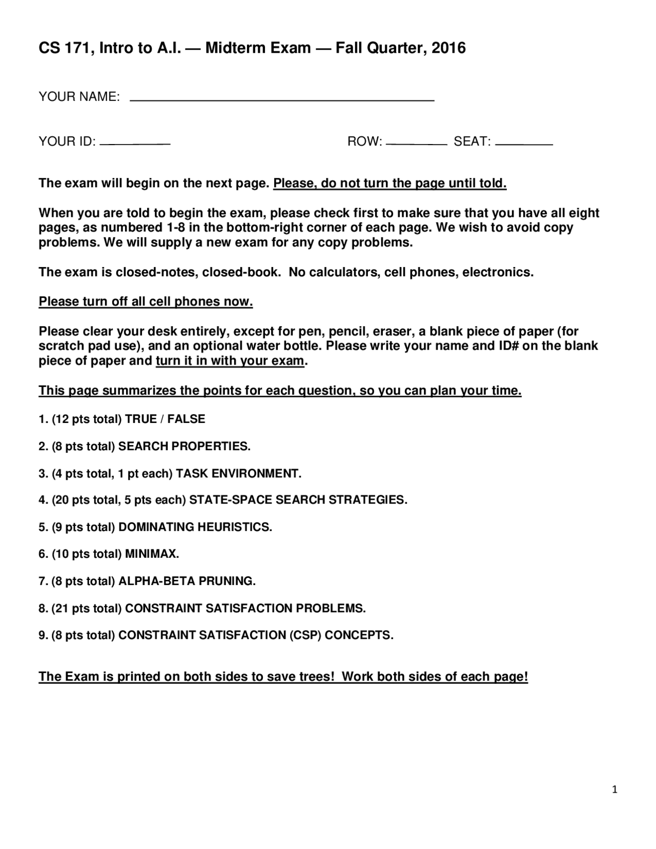 CS 171, Intro to A.I. — Midterm Exam — Fall Quarter, 2016 | Study ...