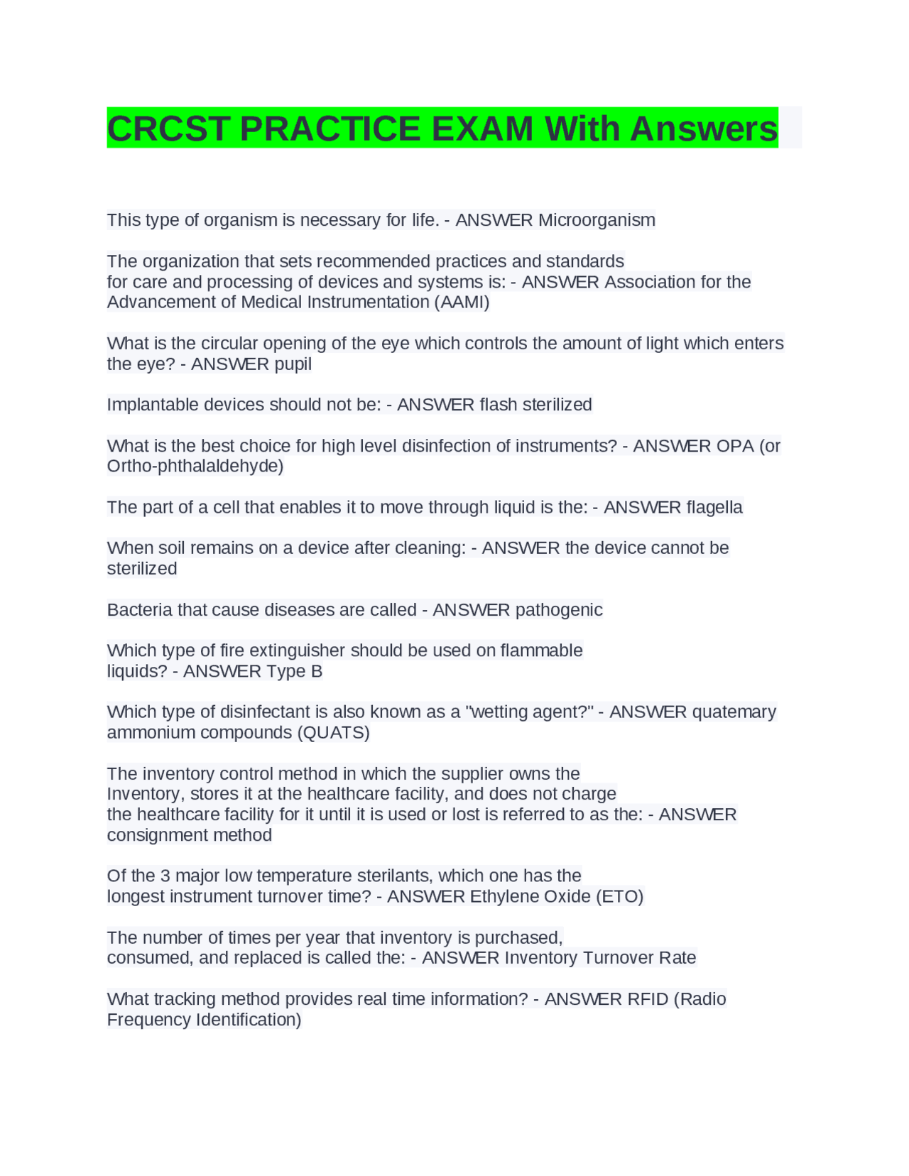 CRCST PRACTICE EXAM With Answers | Exams Nursing | Docsity