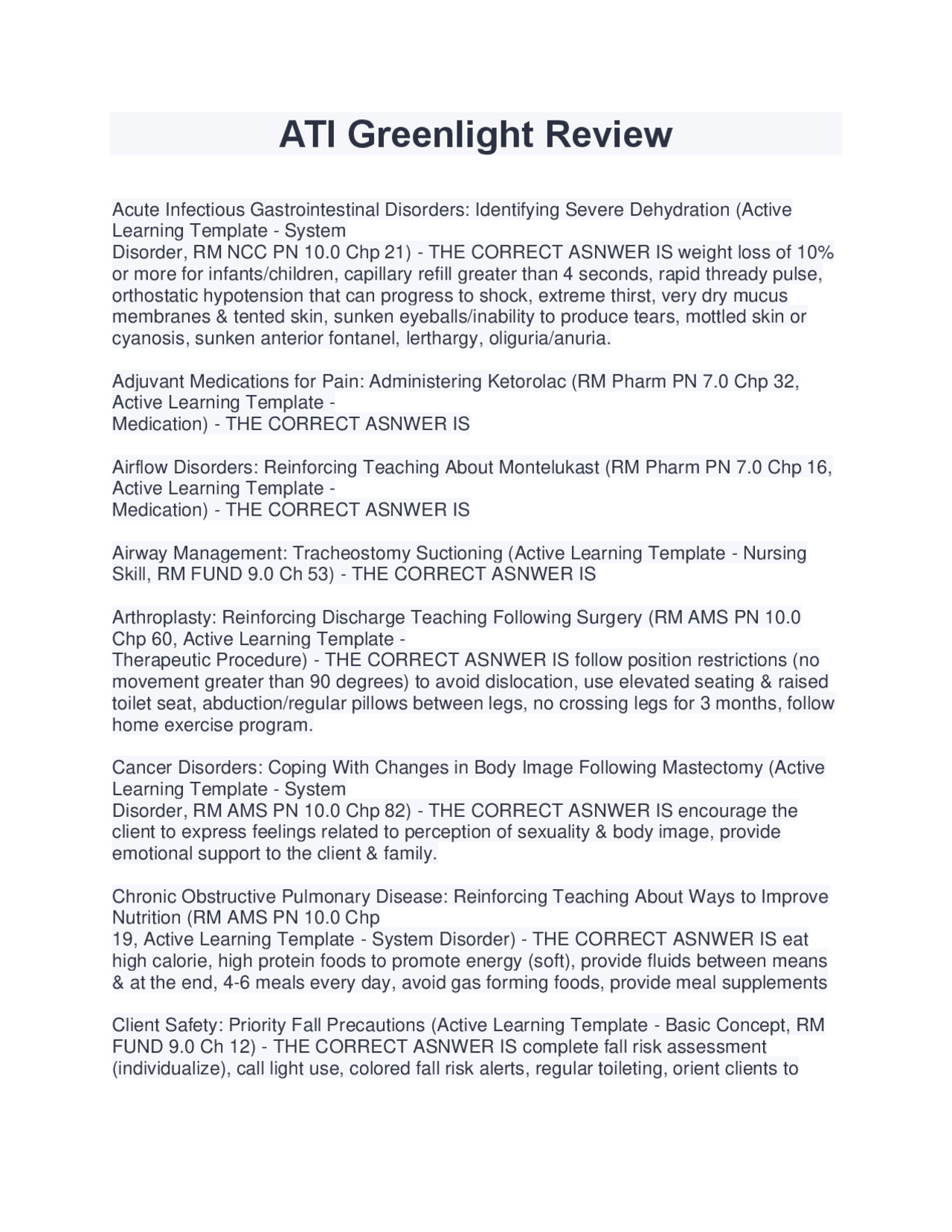 ATI Greenlight Review (Newest 2025/2026) Download to Score A | Exams Nursing | Docsity