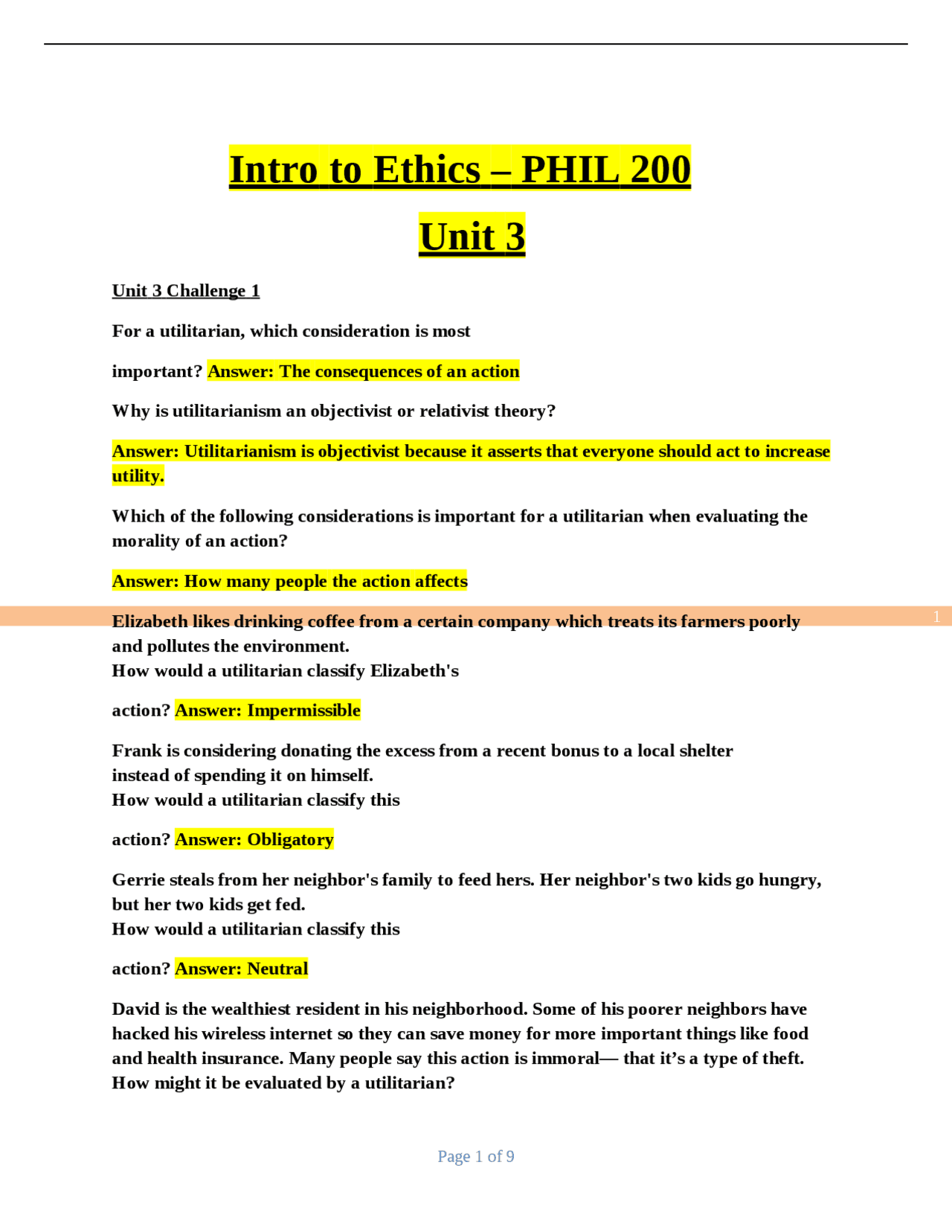 Introduction to Ethics: Unit 3 Challenge Questions | Exams Philosophy ...