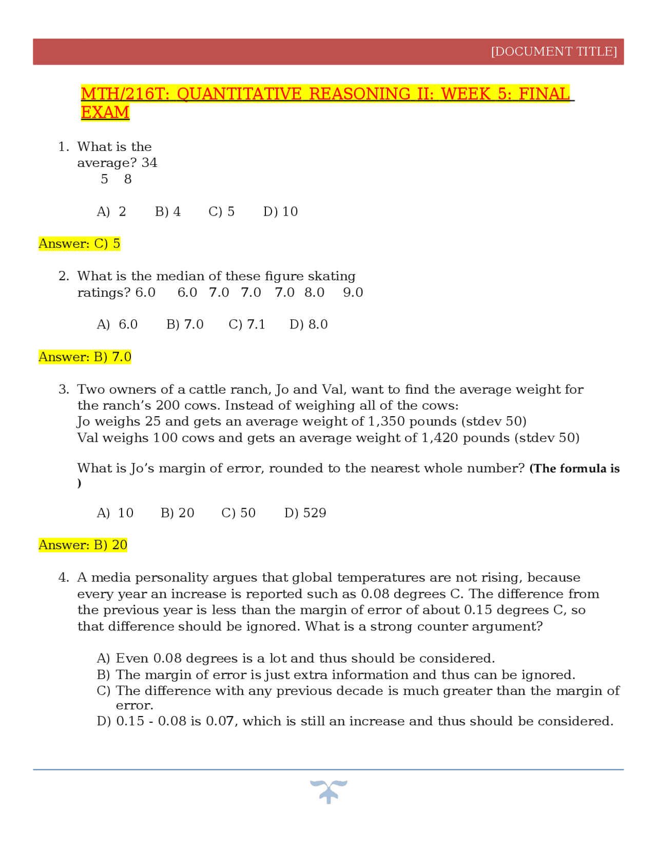 MTH/216T: QUANTITATIVE REASONING II: WEEK 5: FINAL EXAM | Exams ...